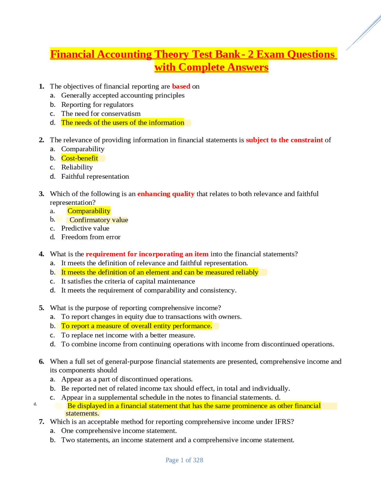 Financial Accounting Theory Test Bank - 2 Exam Questions with Complete ...