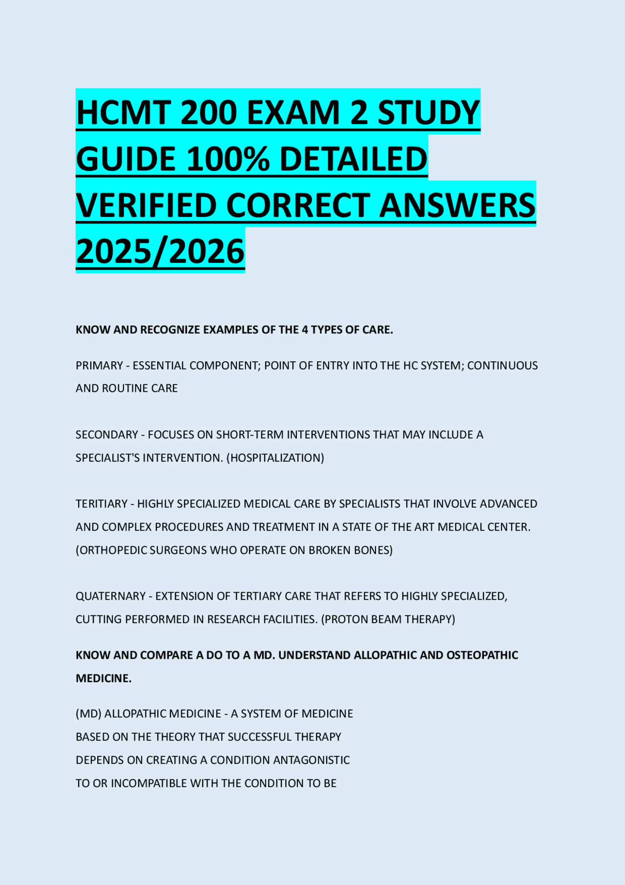 HCMT 200 EXAM 2 STUDY GUIDE 100% DETAILED VERIFIED CORRECT ANSWERS 2025 ...