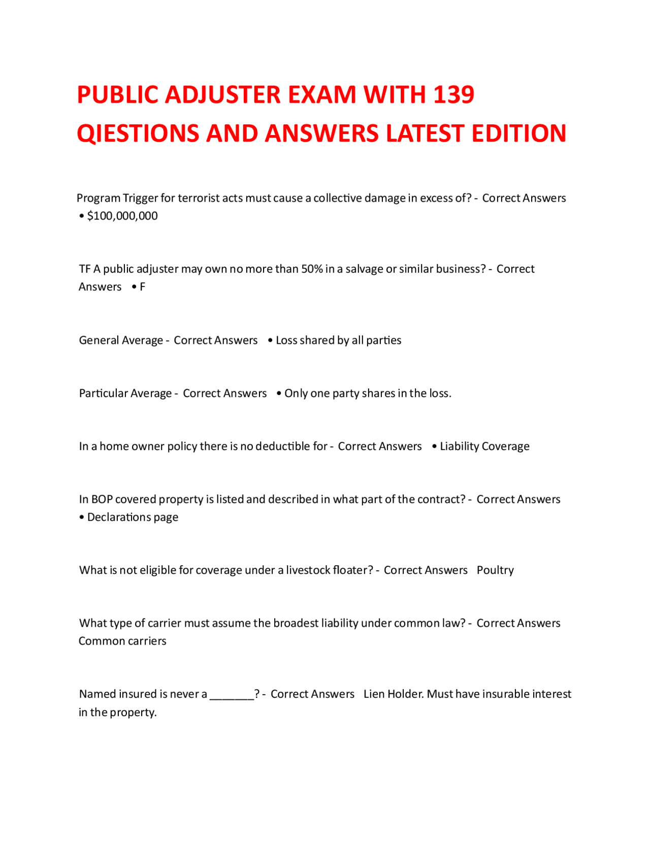 PUBLIC ADJUSTER EXAM WITH 139 QIESTIONS AND ANSWERS LATEST ...