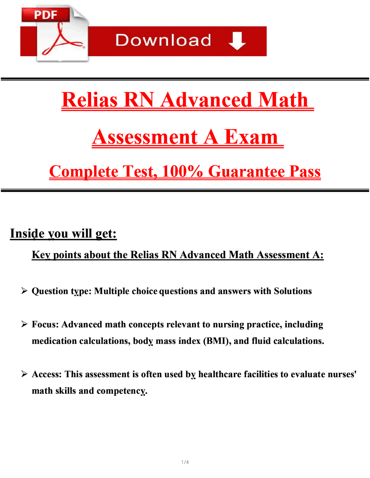 Relias RN Advanced Math Assessment A Test (2025/2026) Most ...