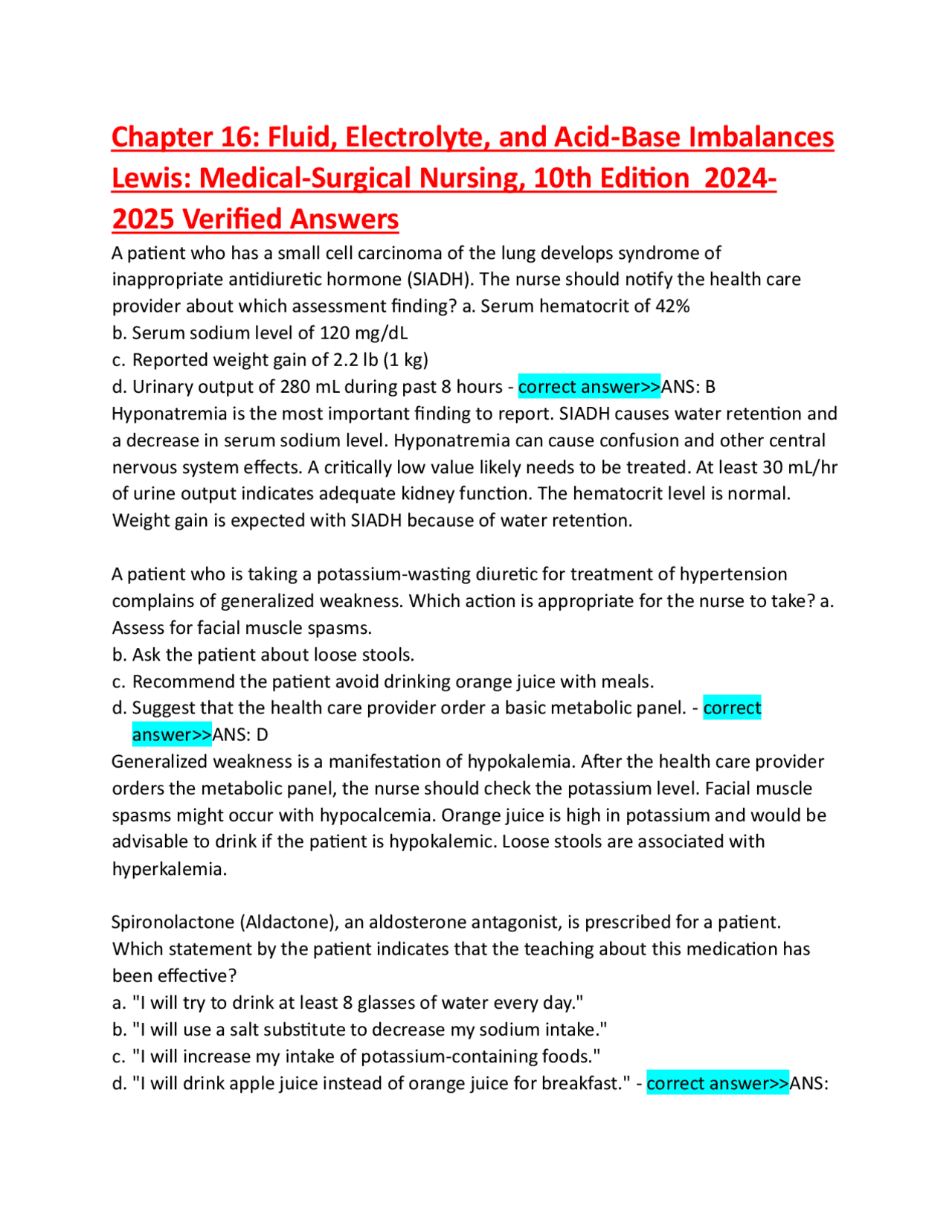 Chapter 16: Fluid, Electrolyte, and Acid-Base Imbalances Lewis: Medical ...