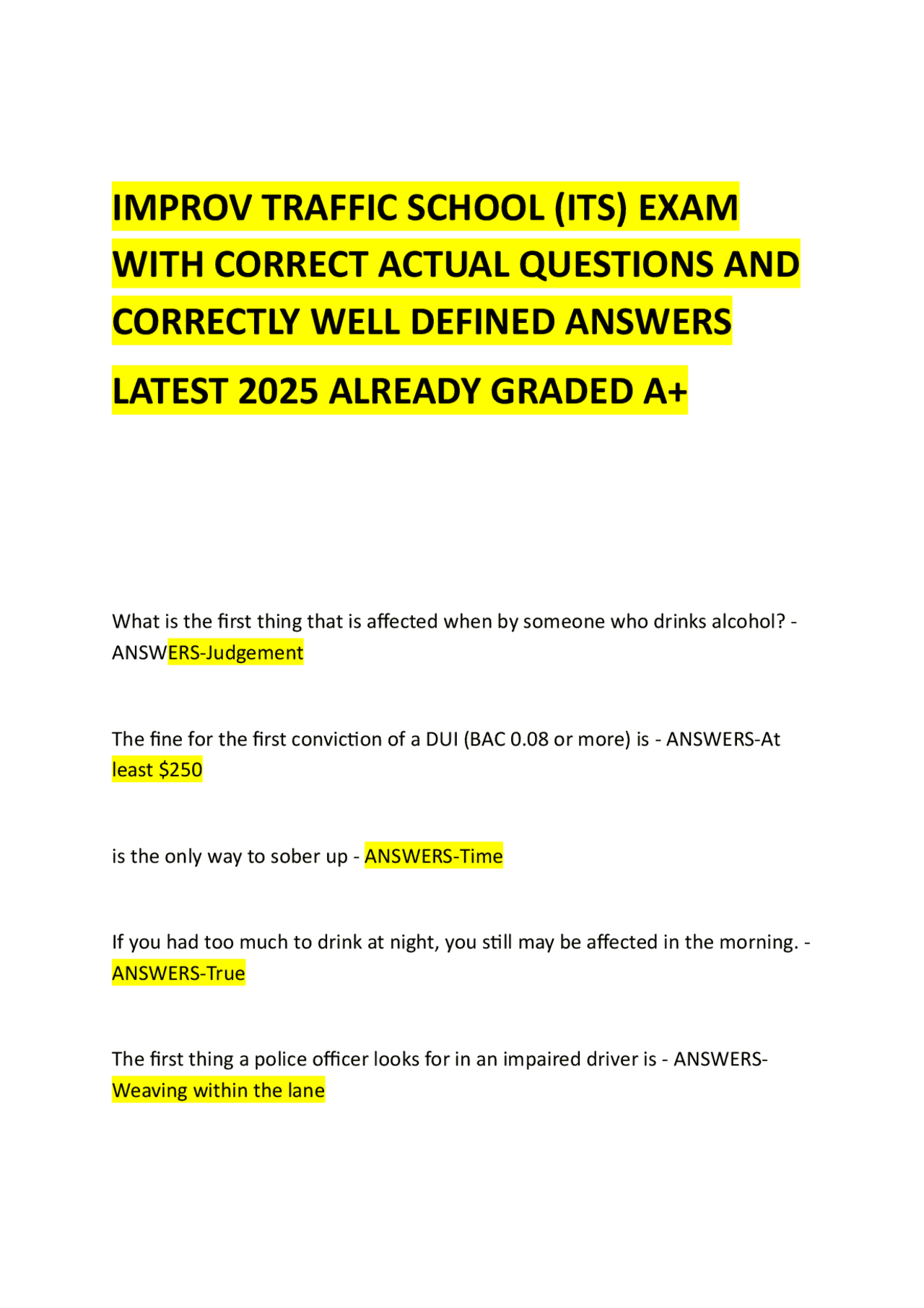 IMPROV TRAFFIC SCHOOL (ITS) EXAM WITH CORRECT ACTUAL QUESTIONS | Exams ...