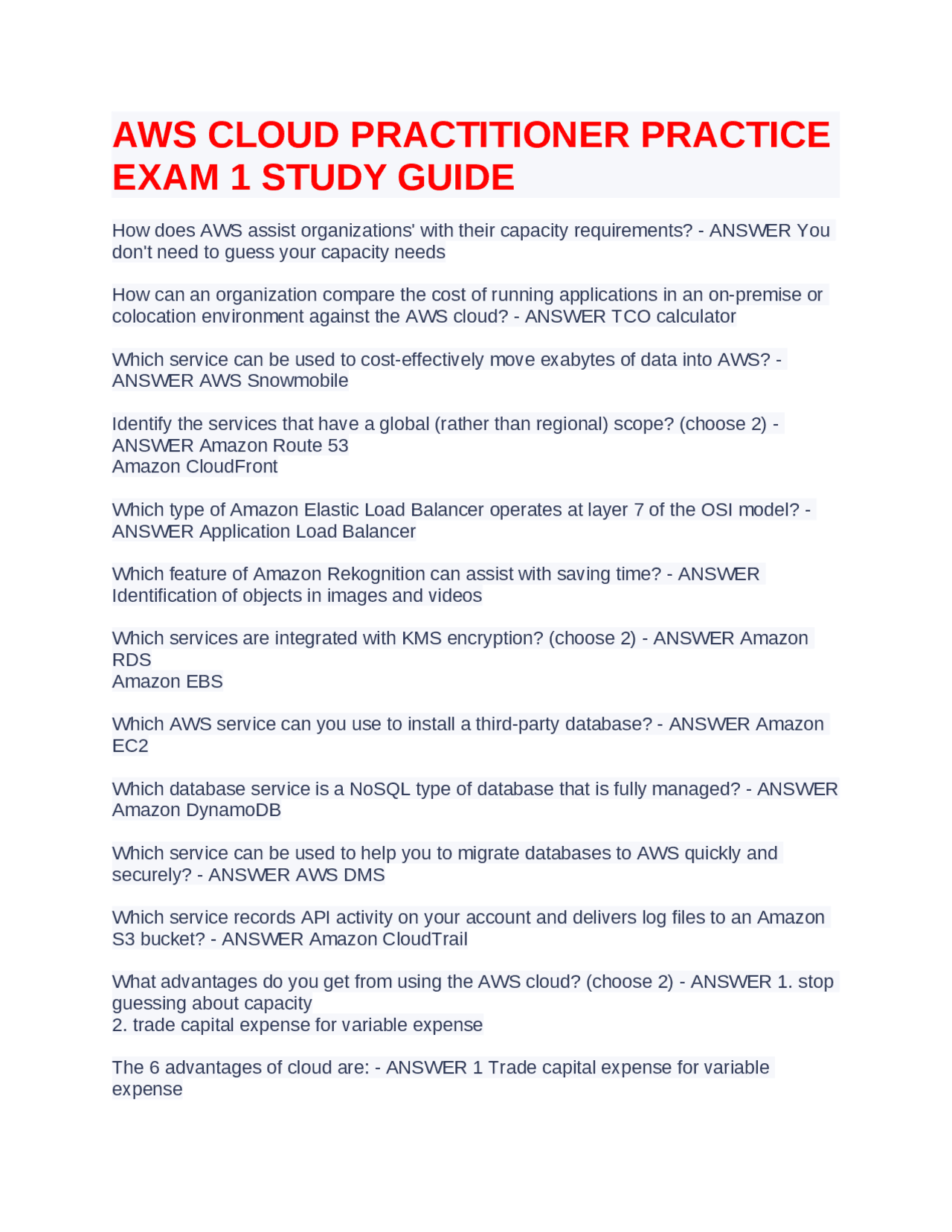 AWS Cloud Practitioner Practice Exam 1 Study Guide: Questions and Answers | Exams Computer ...