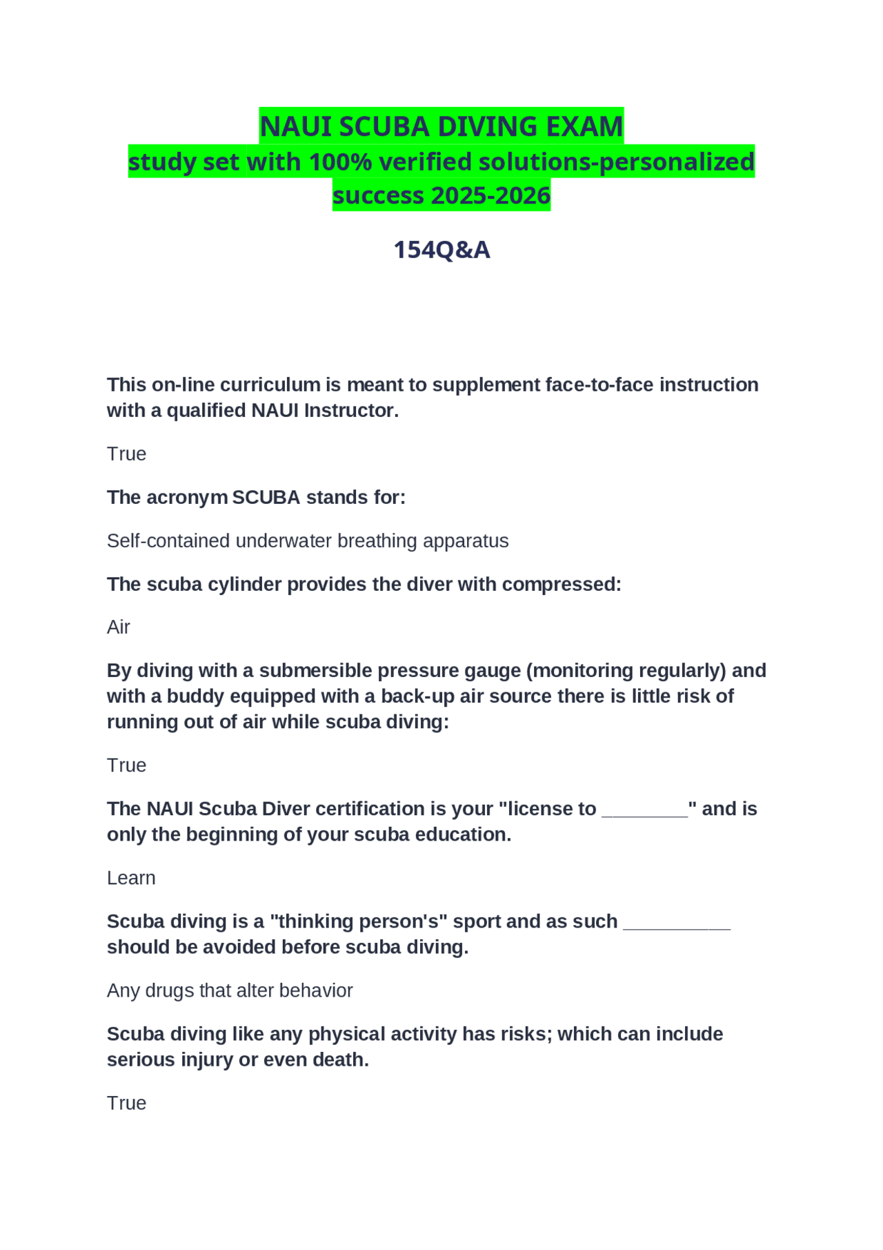 NAUI SCUBA DIVING EXAM study set with 100% verified solutions ...