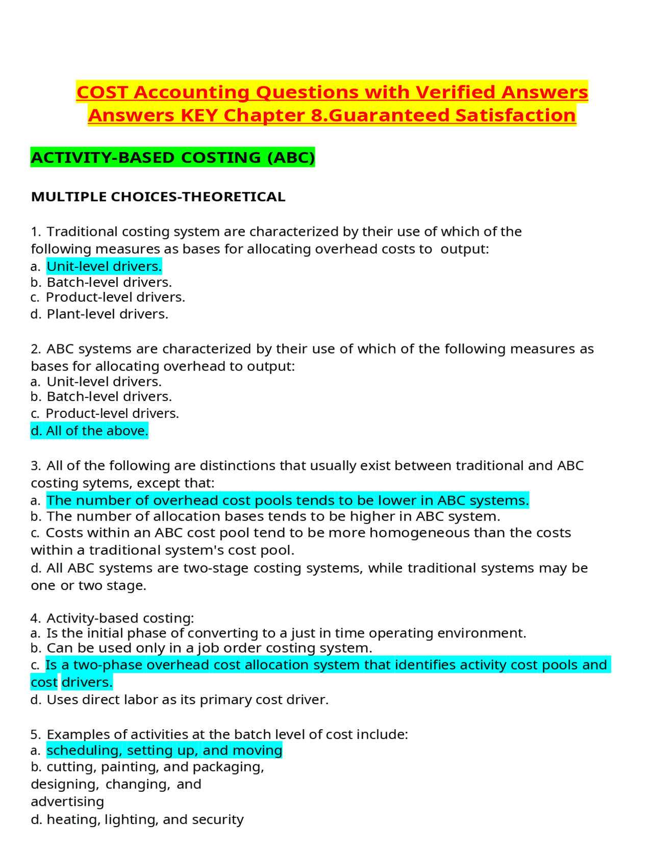 COST Accounting Questions with Verified Answers Answers KEY Chapter 8 ...