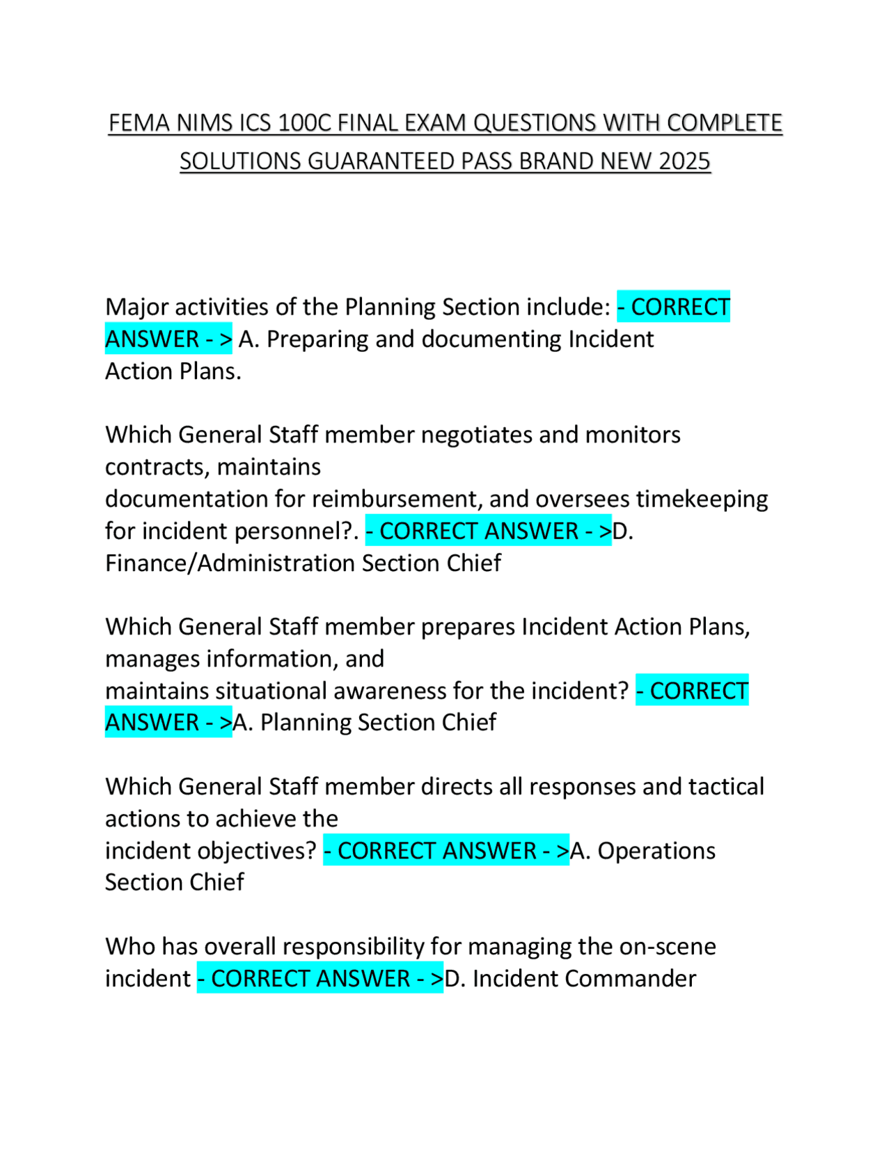 FEMA NIMS ICS 100C FINAL EXAM QUESTIONS WITH COMPLETE SOLUTIONS GUARANTEED PASS BRAND NEW ...