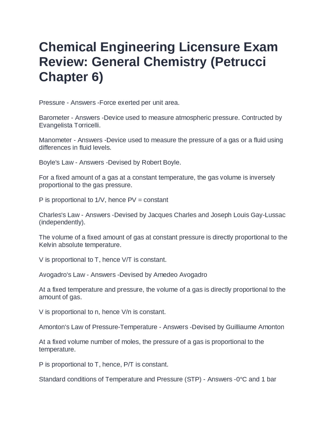 Chemical Engineering Licensure Exam Review Questions with Correct ...