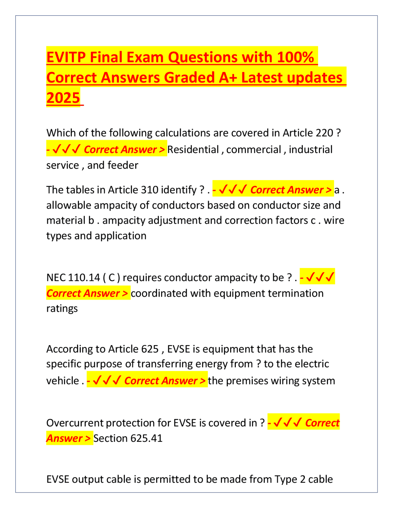 EVITP Final Exam Questions with 100% Correct Answers Graded A+ Latest ...