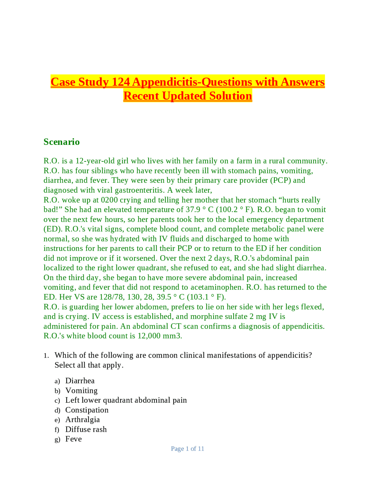 Case Study 124 Appendicitis-Questions with Answers Recent Updated ...