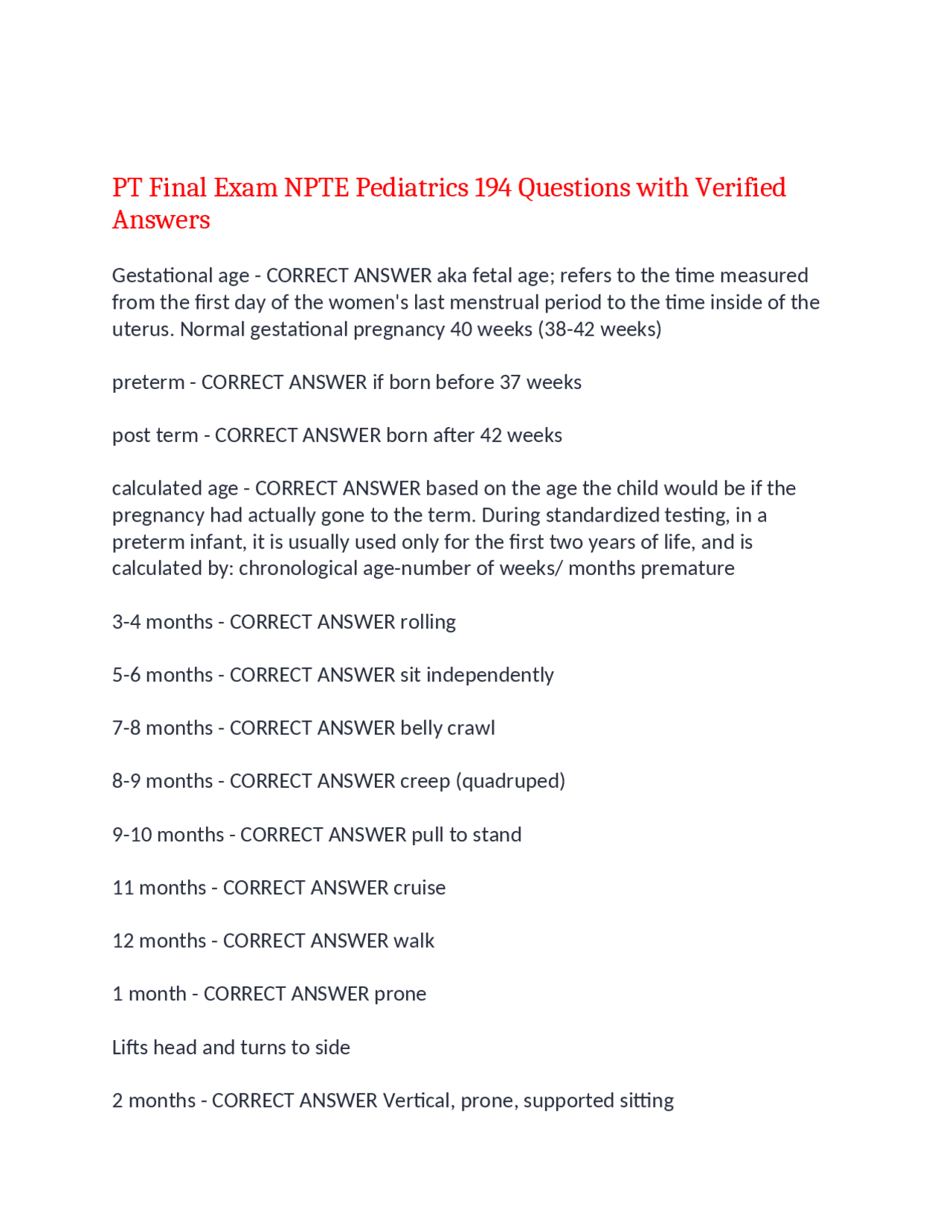 PT Final Exam NPTE Pediatrics 194 Questions with Verified Answers,100% ...