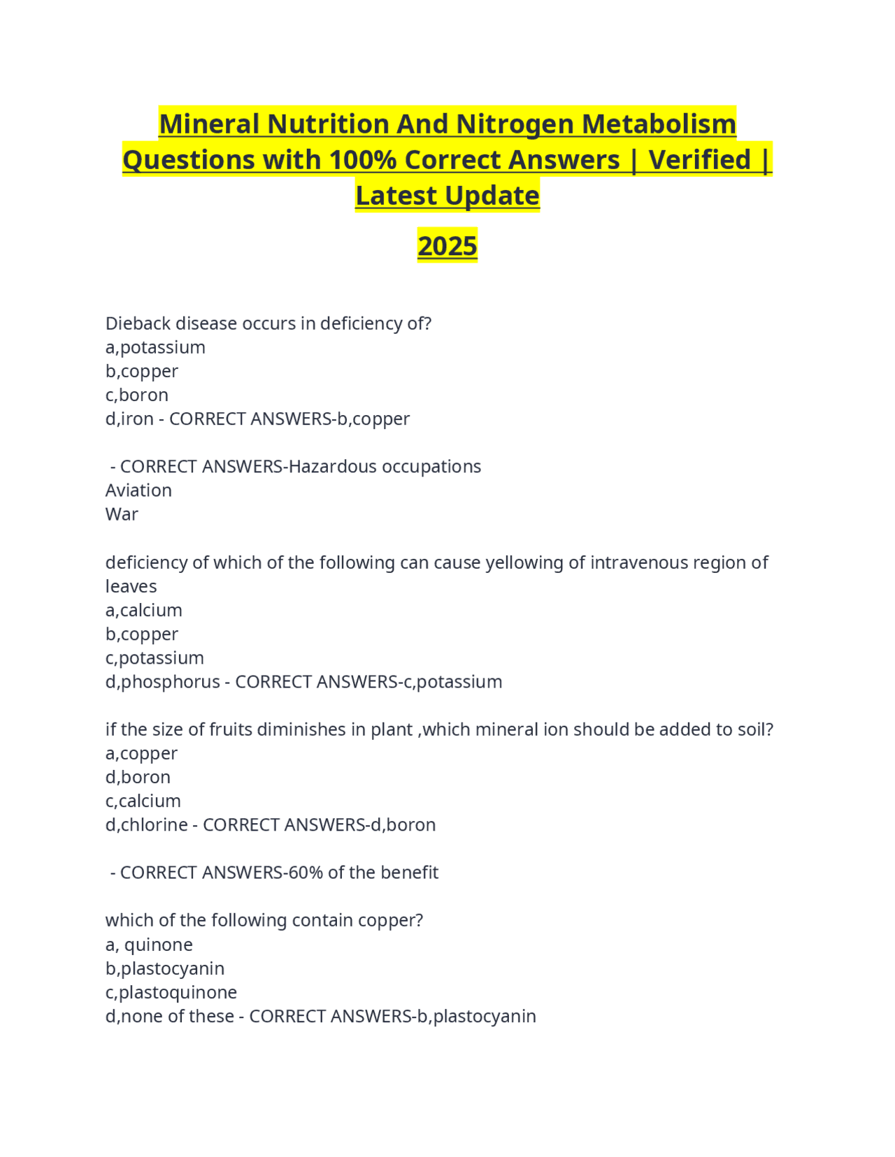 Mineral Nutrition And Nitrogen Metabolism Questions with 100% Correct ...