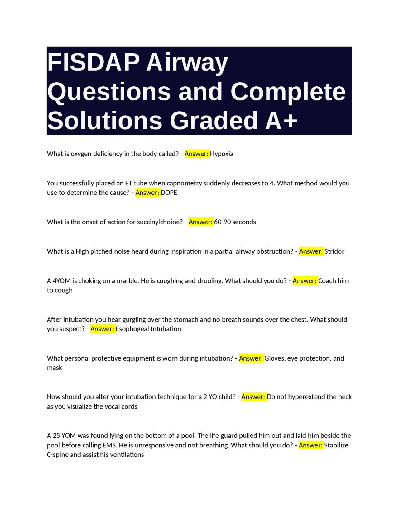 FISDAP Airway Questions and Solutions: A Comprehensive Guide to Airway Management | Exams ...