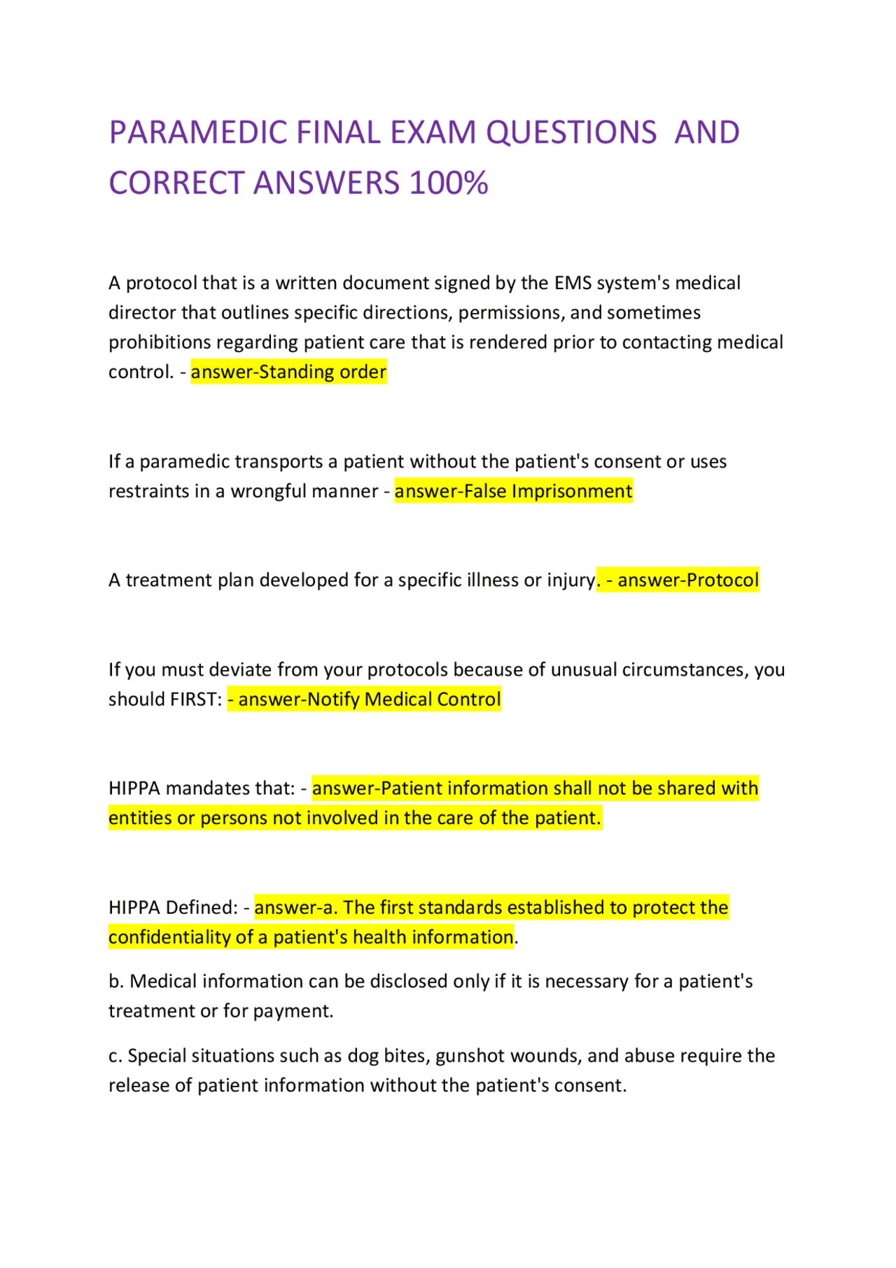 PARAMEDIC FINAL EXAM QUESTIONS AND CORRECT ANSWERS 100% | Exams Nursing ...