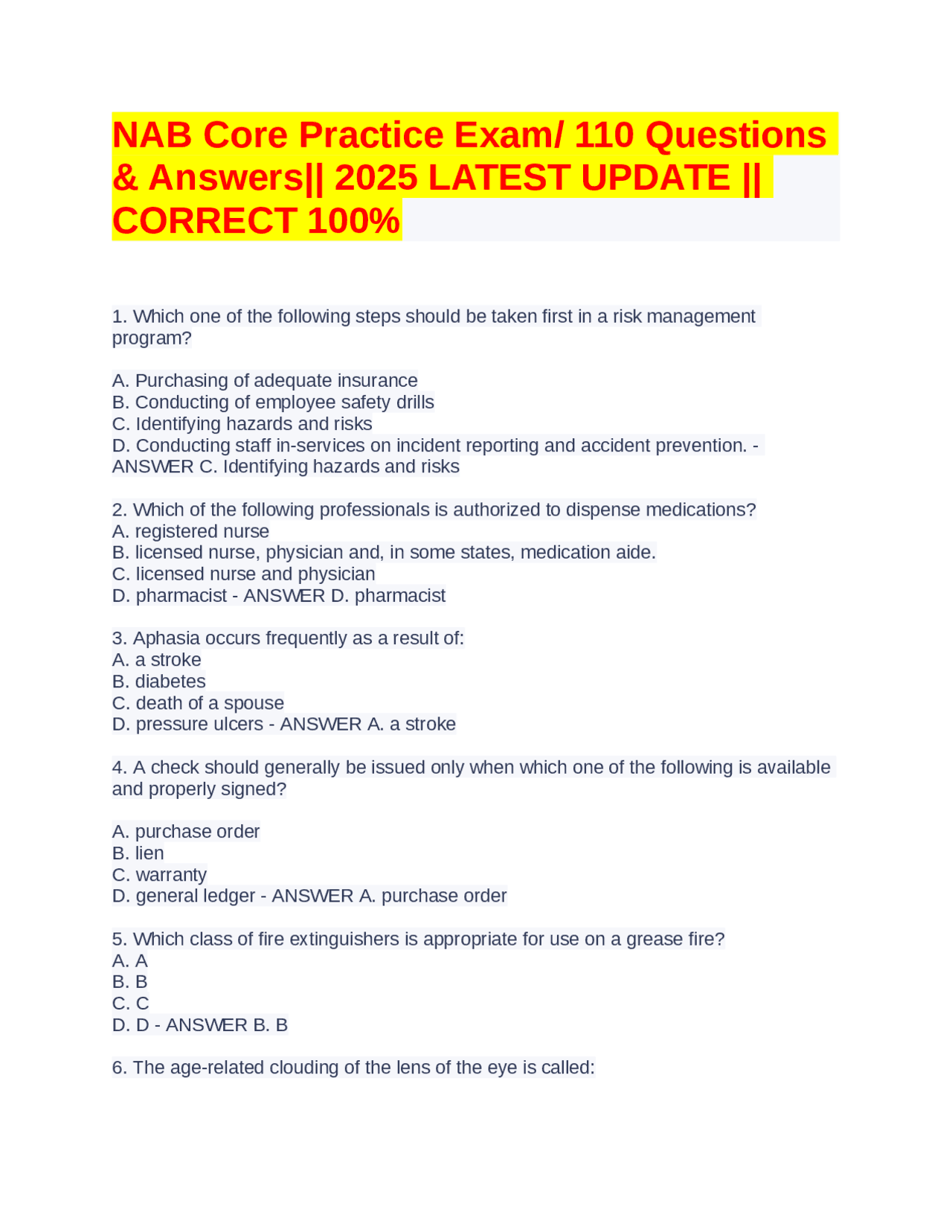 NAB Core Practice Exam/ 110 Questions & Answers|| 2025 LATEST UPDATE ...