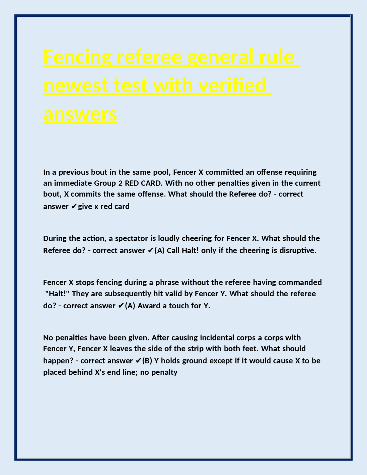 Fencing referee general rule newest test with verified answers | Exams ...
