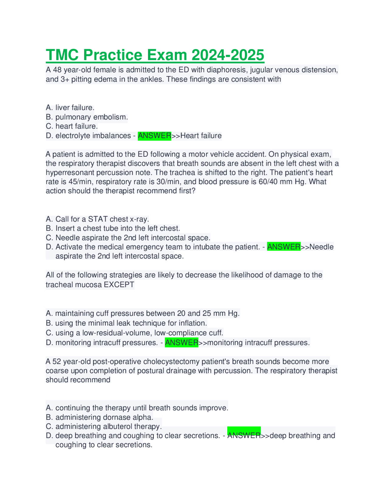 Respiratory Therapy Practice Exam: Multiple Choice Questions and ...