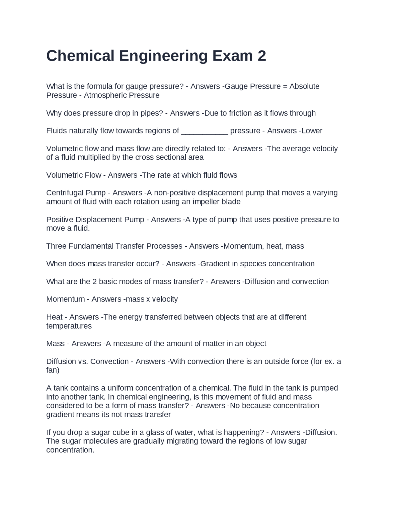 Chemical Engineering Exam 2: Questions and Answers | Exams Engineering ...