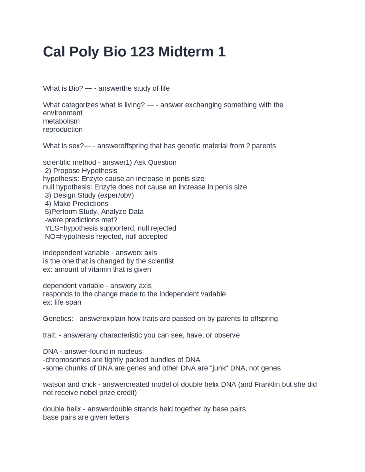 Cal Poly Bio 123 Midterm 1 Questions and Answers | Exams Advanced ...