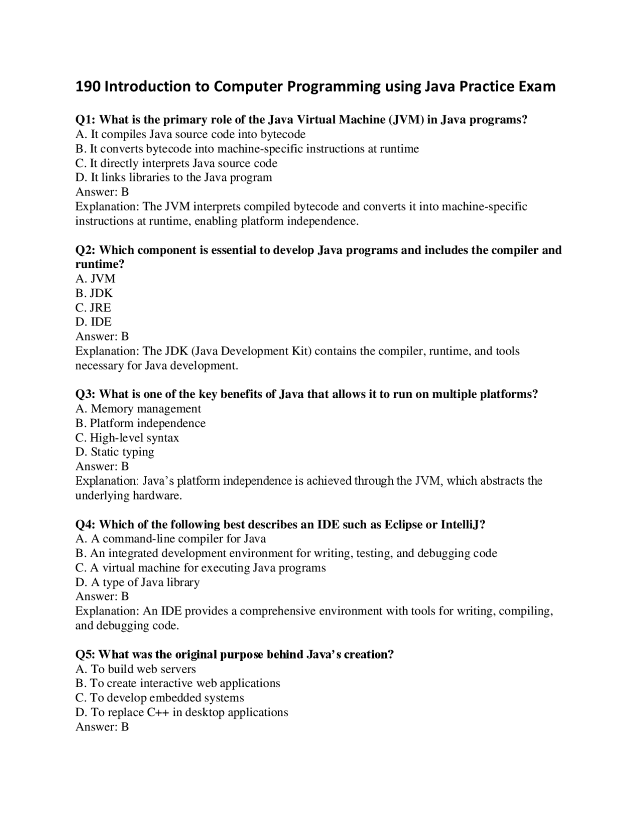 190 Introduction to Computer Programming using Java Exam | Exams Technology | Docsity