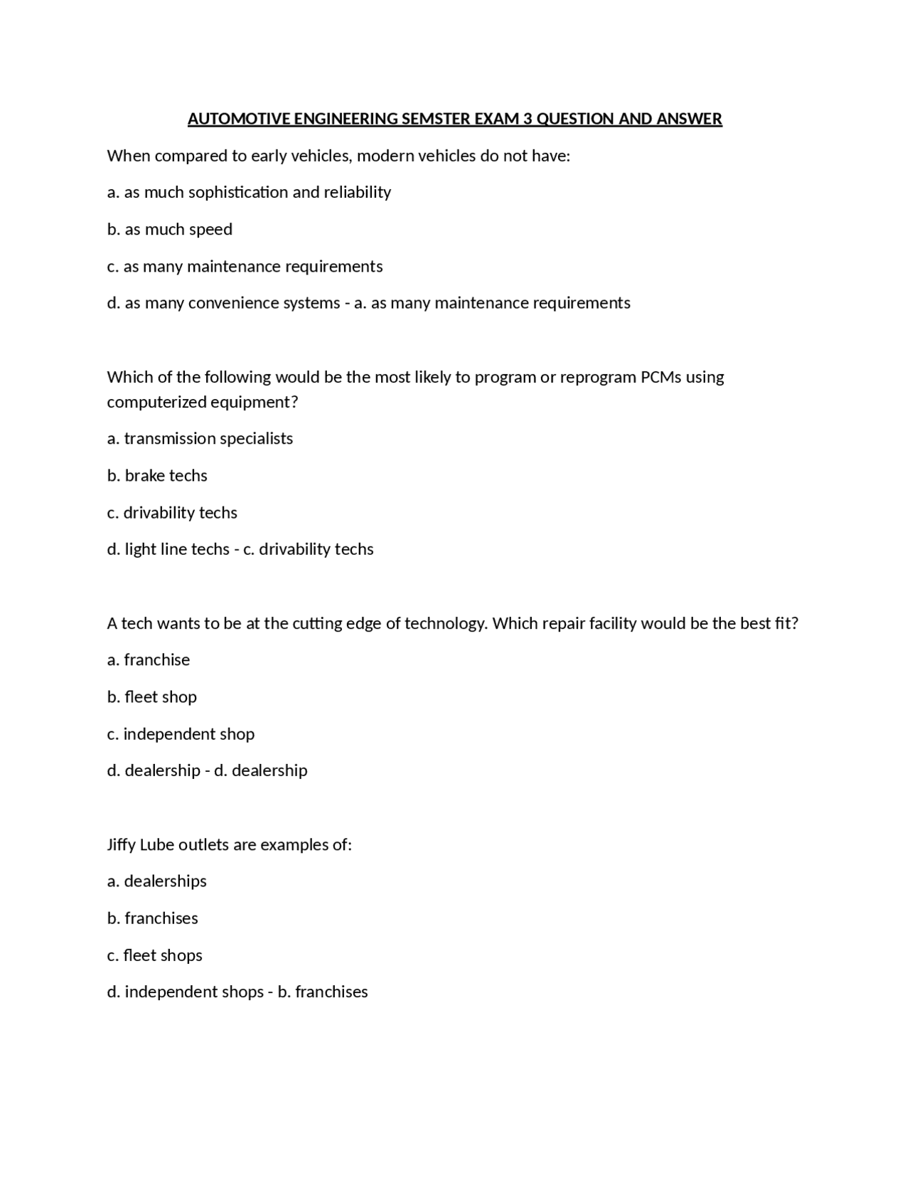 Automotive Engineering Semester Exam 3: Questions and Answers | Exams ...