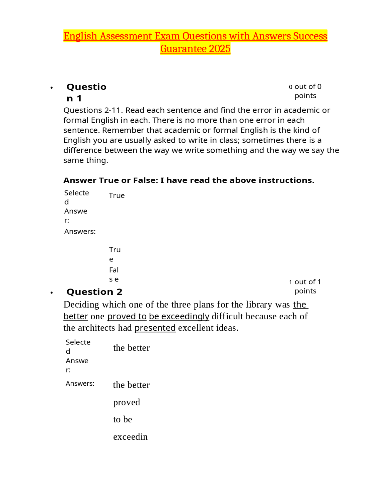 English Assessment Exam Questions with Answers Success Guarantee 2025 ...