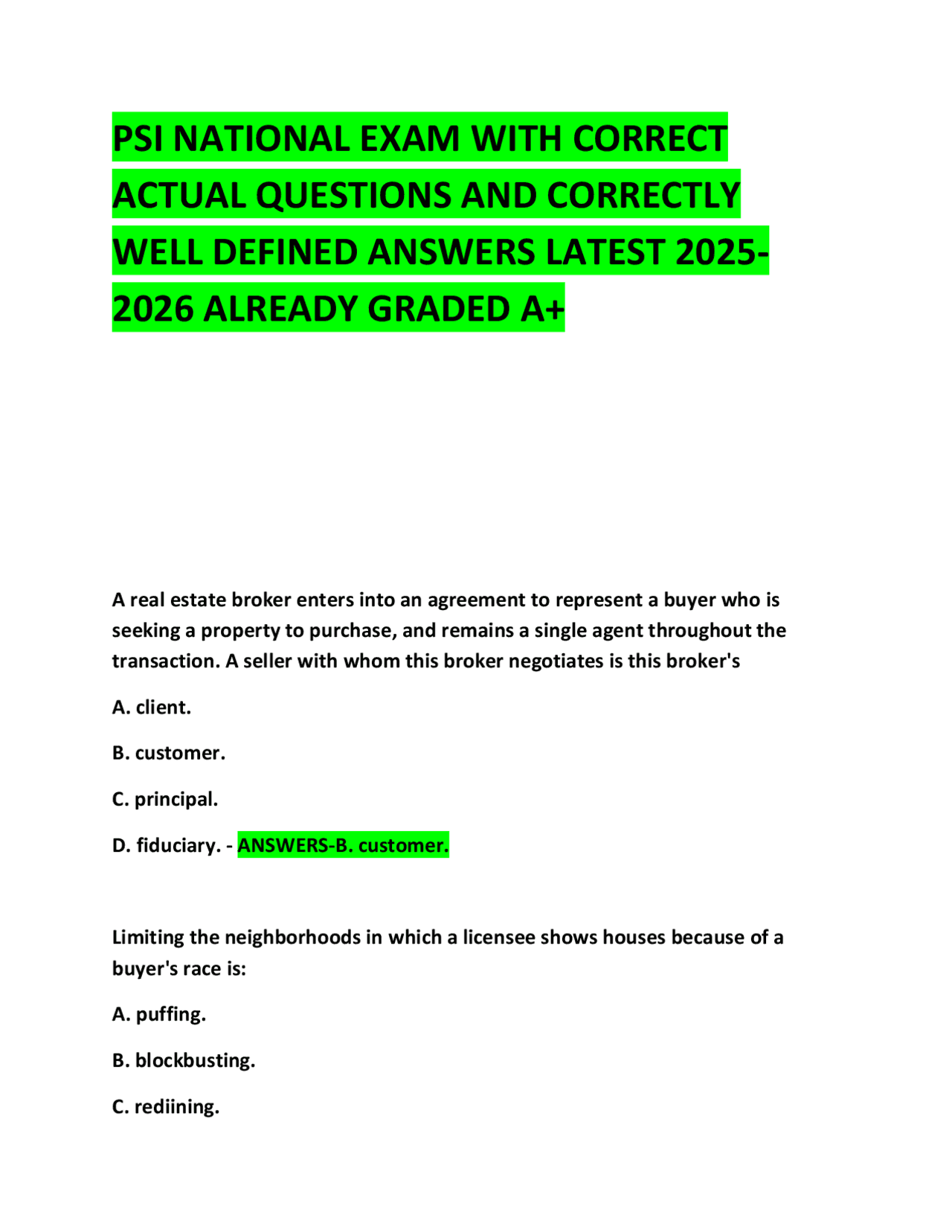 PSI NATIONAL EXAM WITH CORRECT ACTUAL QUESTIONS AND CORRECTLY WELL ...
