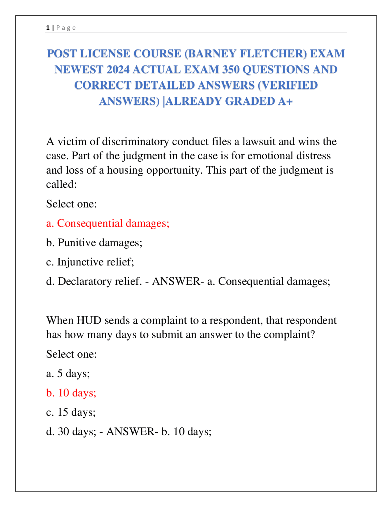POST LICENSE COURSE (BARNEY FLETCHER) EXAM NEWEST 2024 ACTUAL EXAM 350 QUESTIONS AND COR | Exams ...