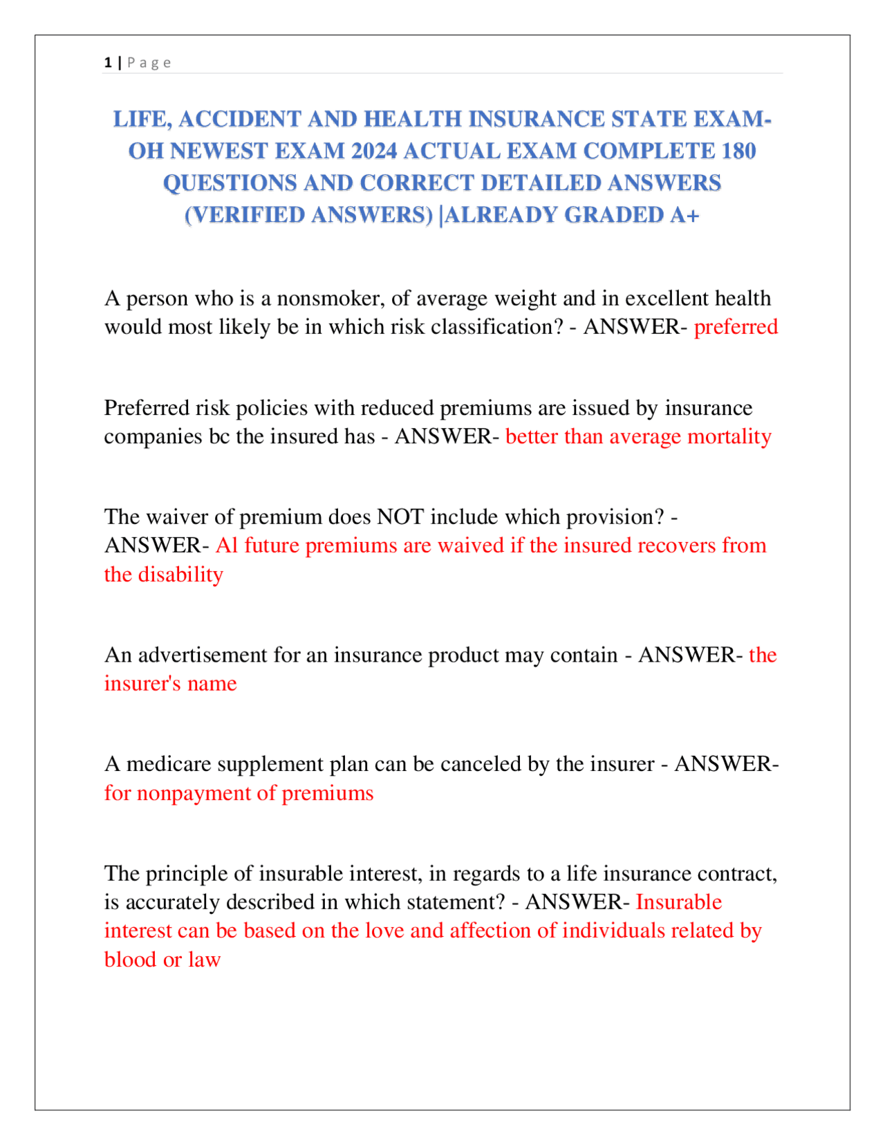 LIFE, ACCIDENT AND HEALTH INSURANCE STATE EXAM- OH NEWEST EXAM 2024 ...