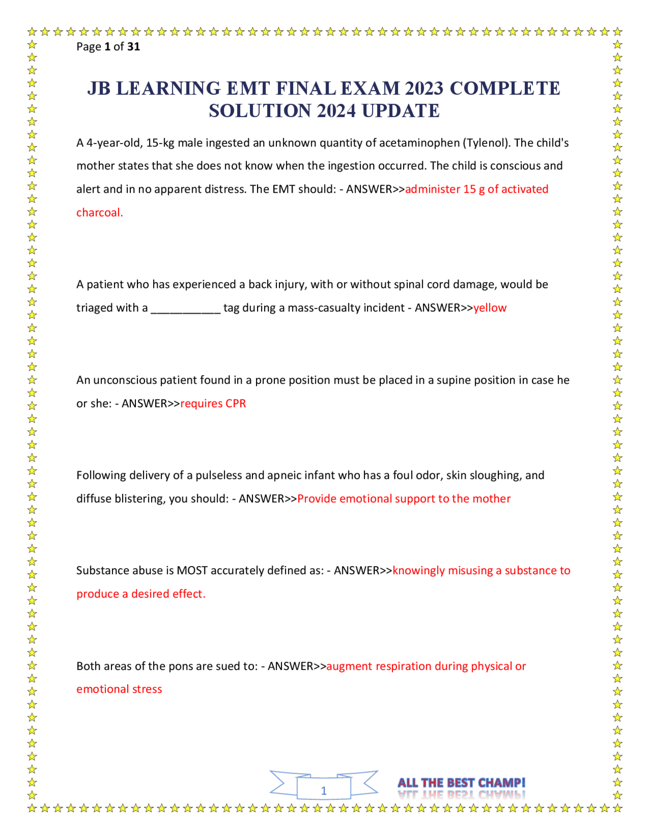 JB LEARNING EMT FINAL EXAM 2023 COMPLETE SOLUTION 2024 UPDATE | Exams Nursing | Docsity