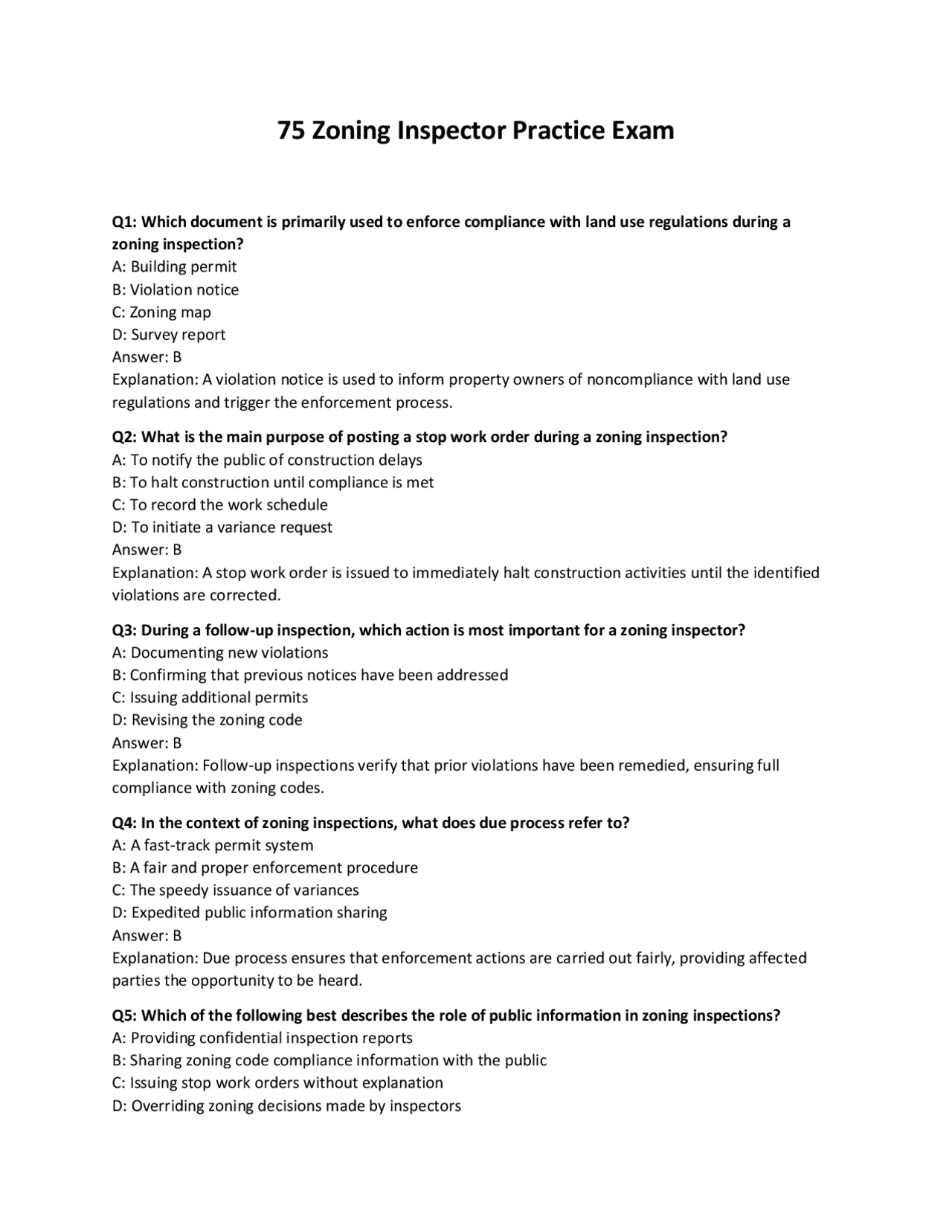 75 Zoning Inspector Exam | Exams Technology | Docsity