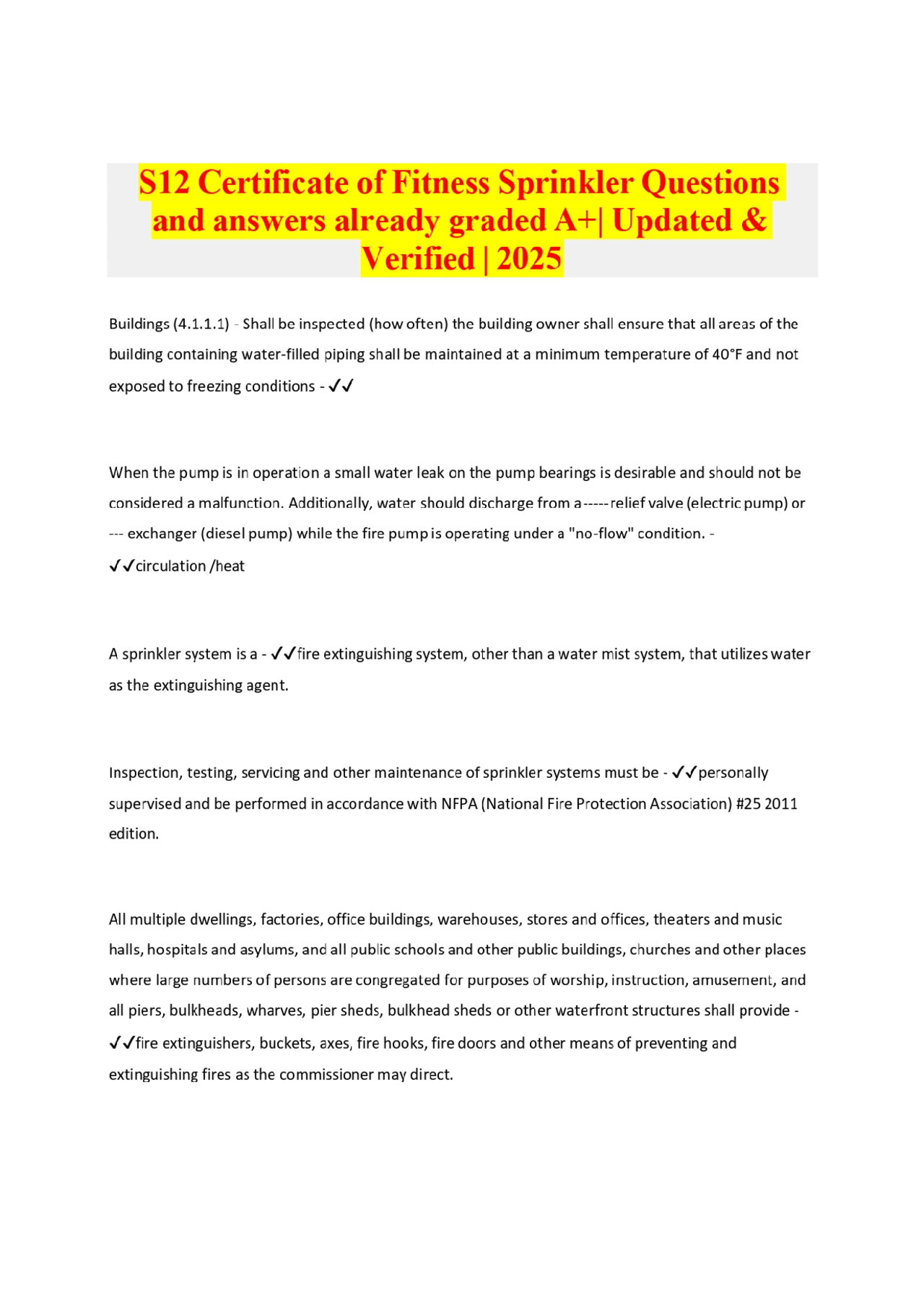 S12 Certificate of Fitness Sprinkler Questions and answers already ...