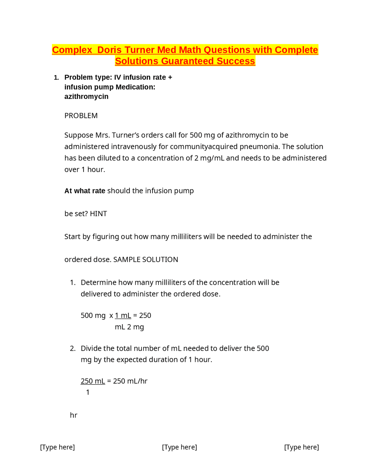 Complex Doris Turner Med Math Questions with Complete Solutions Guaranteed Success | Exams ...