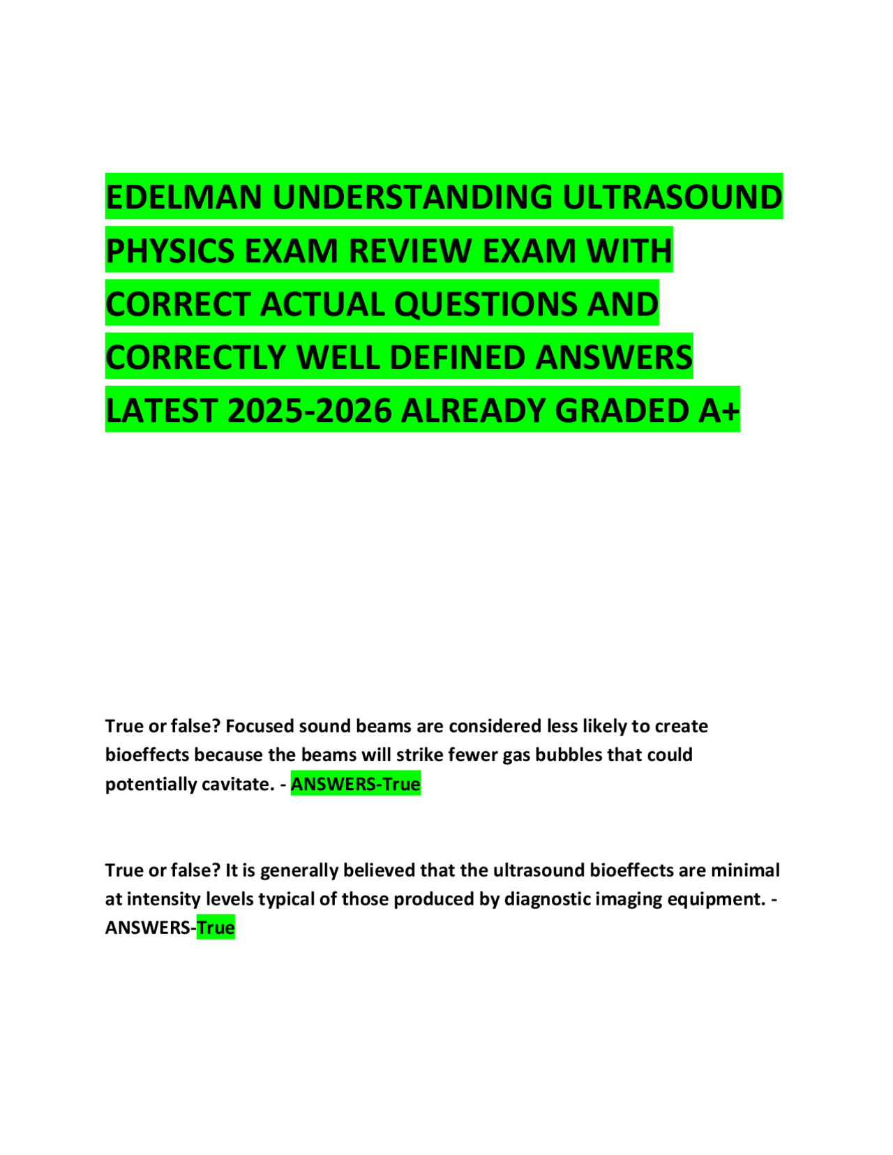 EDELMAN UNDERSTANDING ULTRASOUND PHYSICS EXAM REVIEW EXAM WITH CORRECT ...