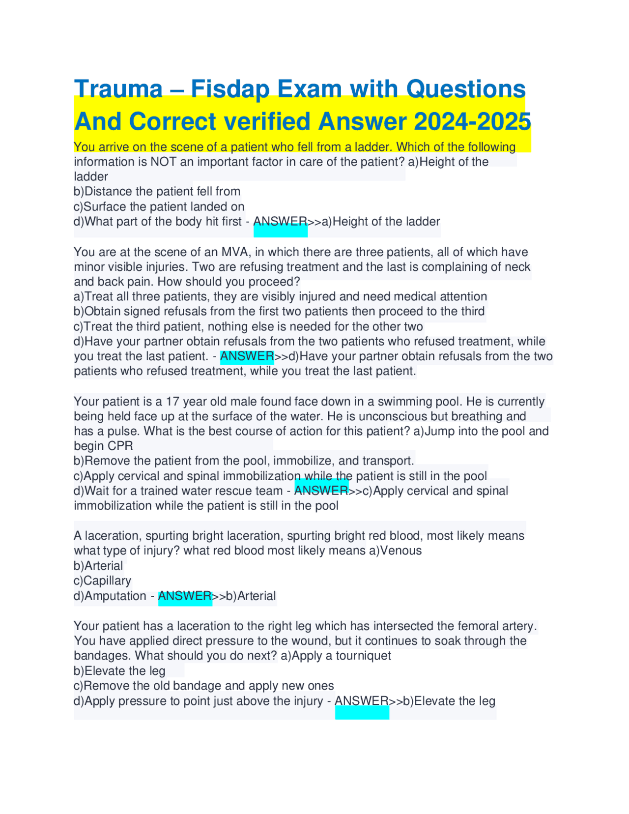 Trauma – Fisdap Exam with Questions And Correct verified Answer 2024 ...