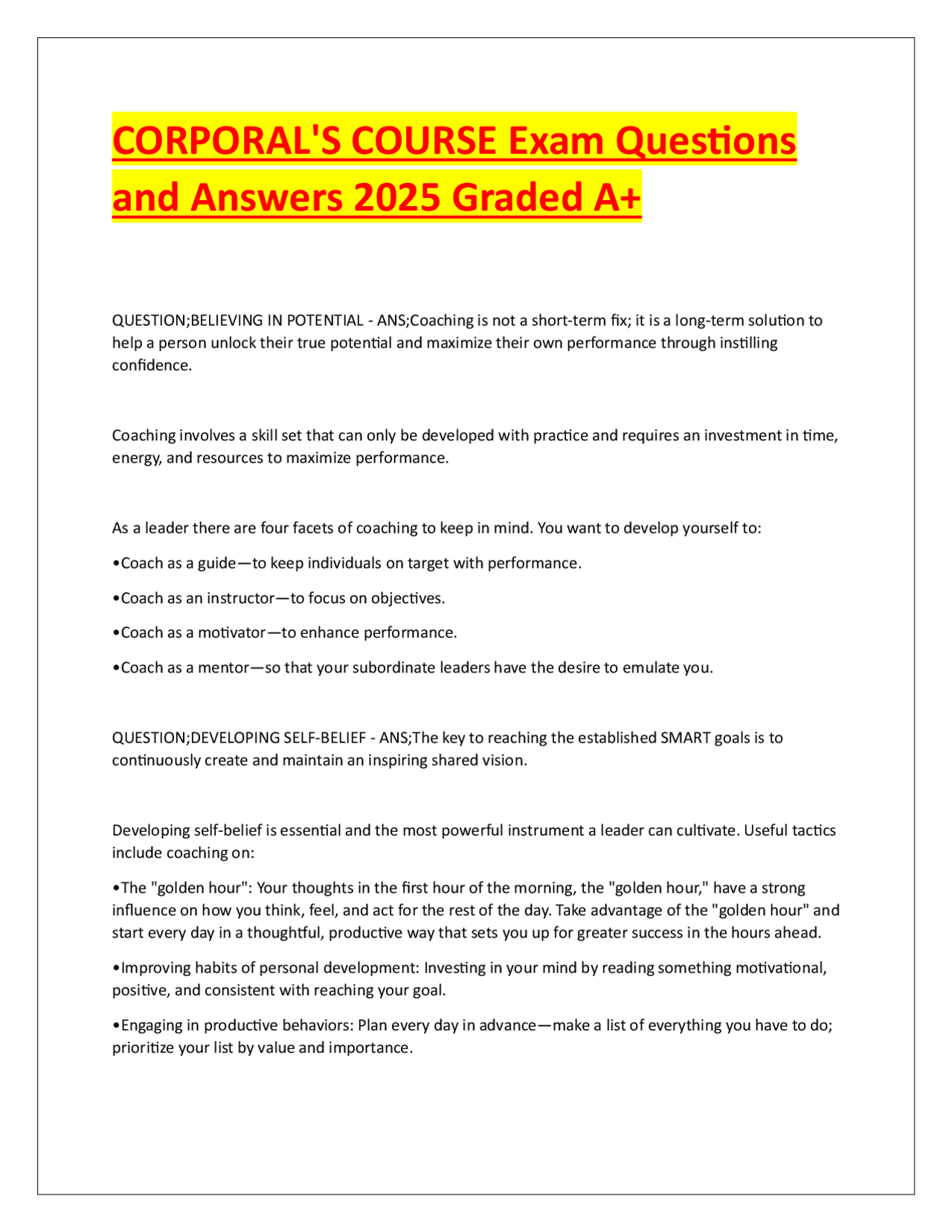 CORPORAL'S COURSE Exam Questions and Answers 2025 Graded A+. | Exams ...