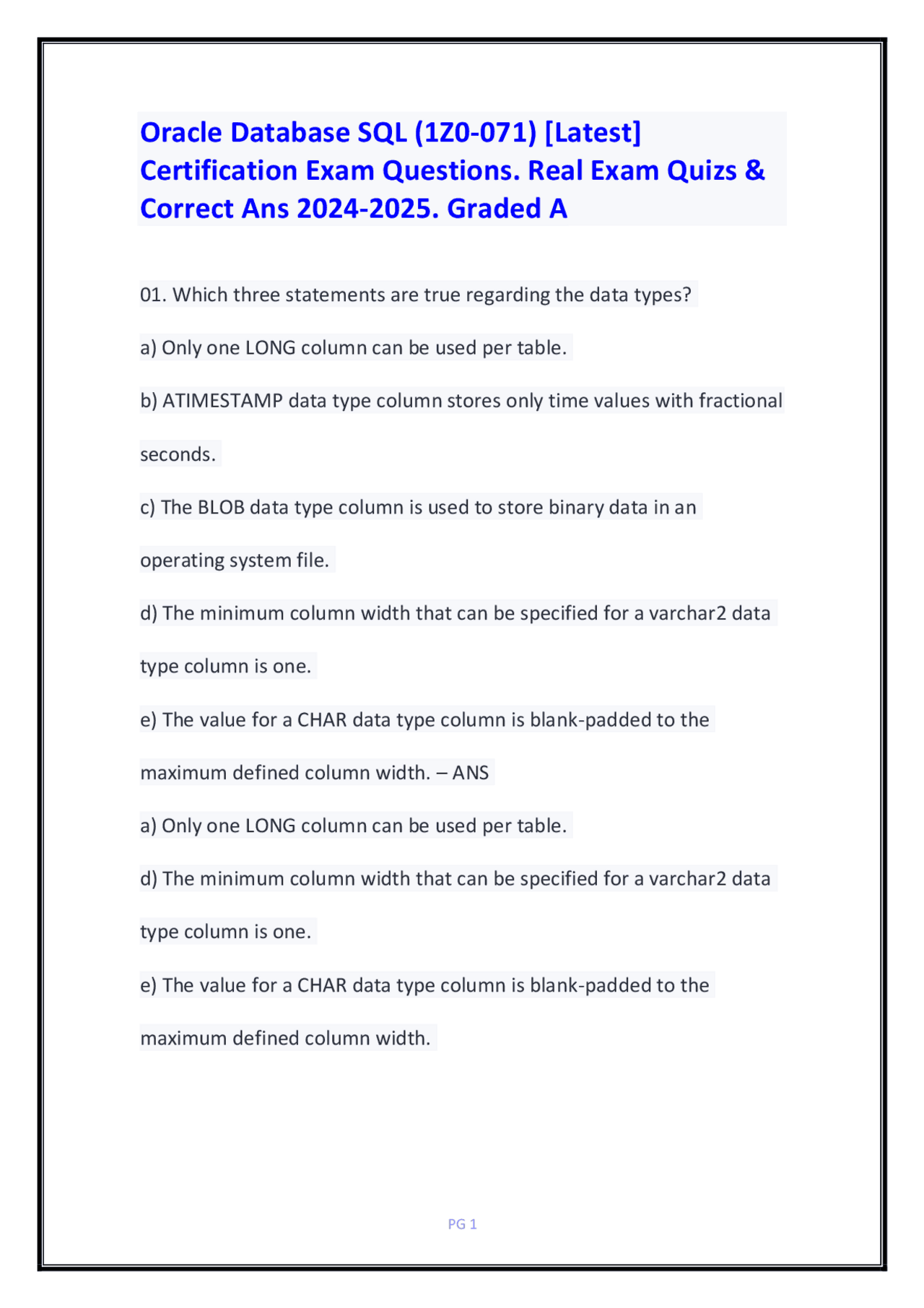 Oracle Database SQL Certification Exam Practice Questions (1Z0-071) | Exams Nursing | Docsity