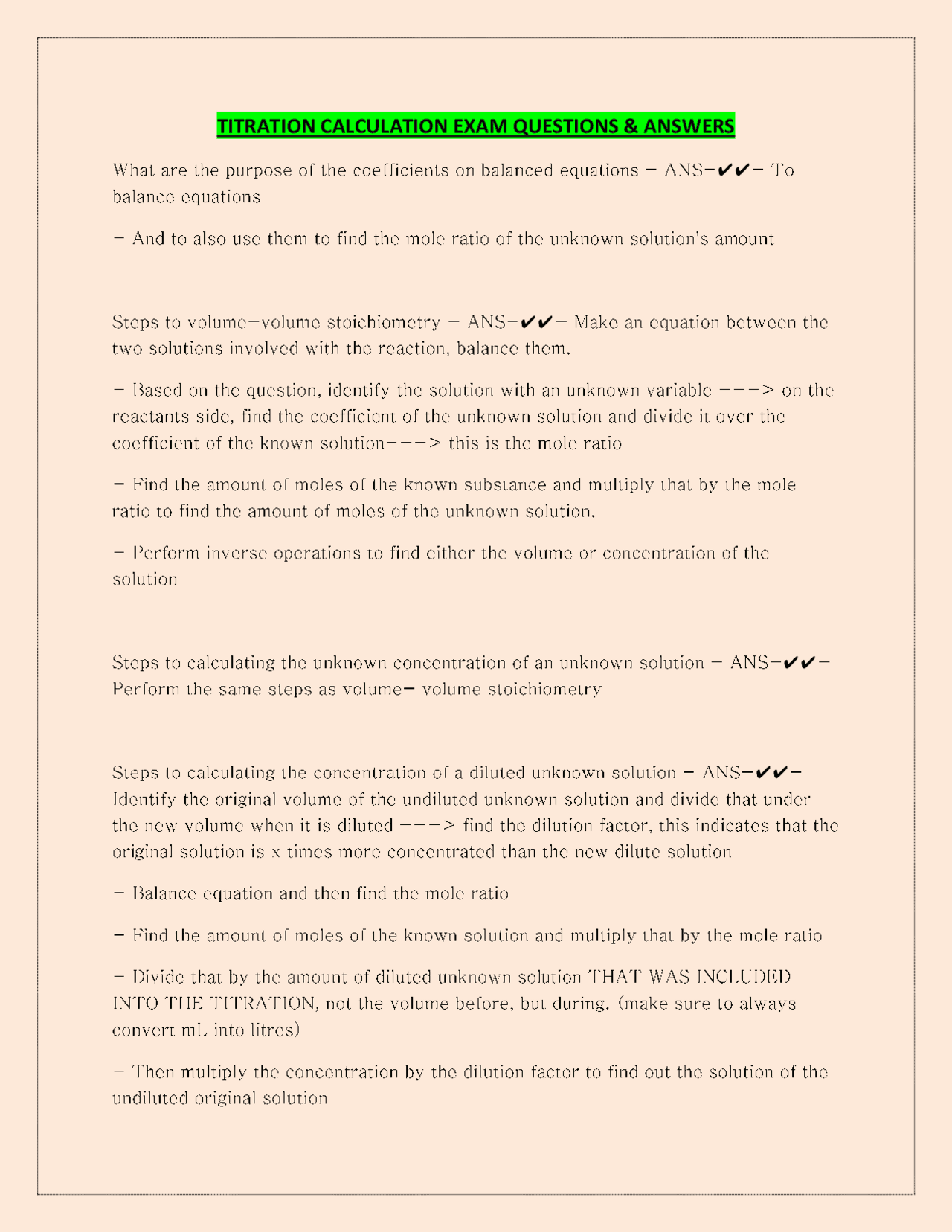 TITRATION CALCULATION EXAM QUESTIONS & ANSWERS | Exams Chemistry | Docsity