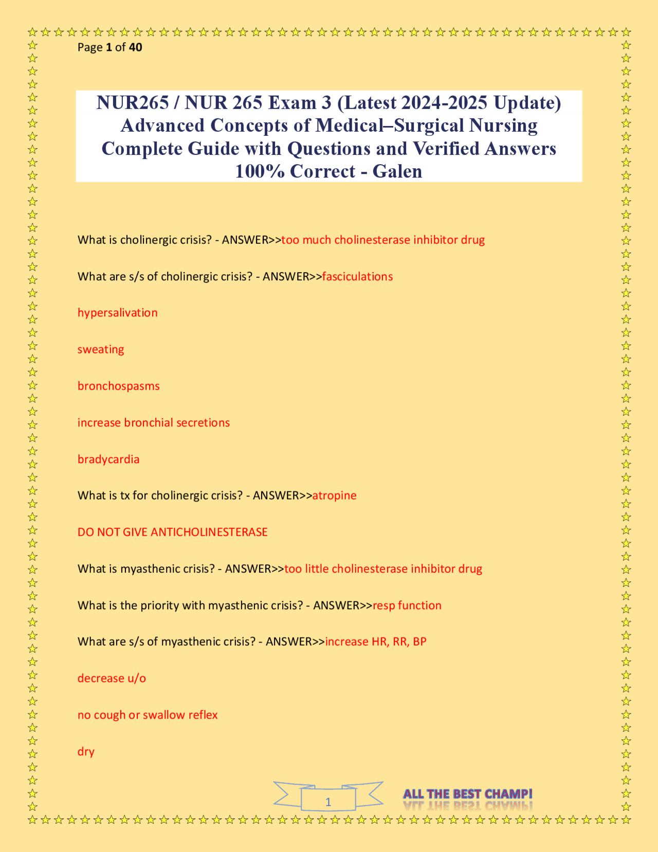 NUR265-NUR 265 Exam 3 (Latest 2024-2025 Update) Advanced Concepts of ...