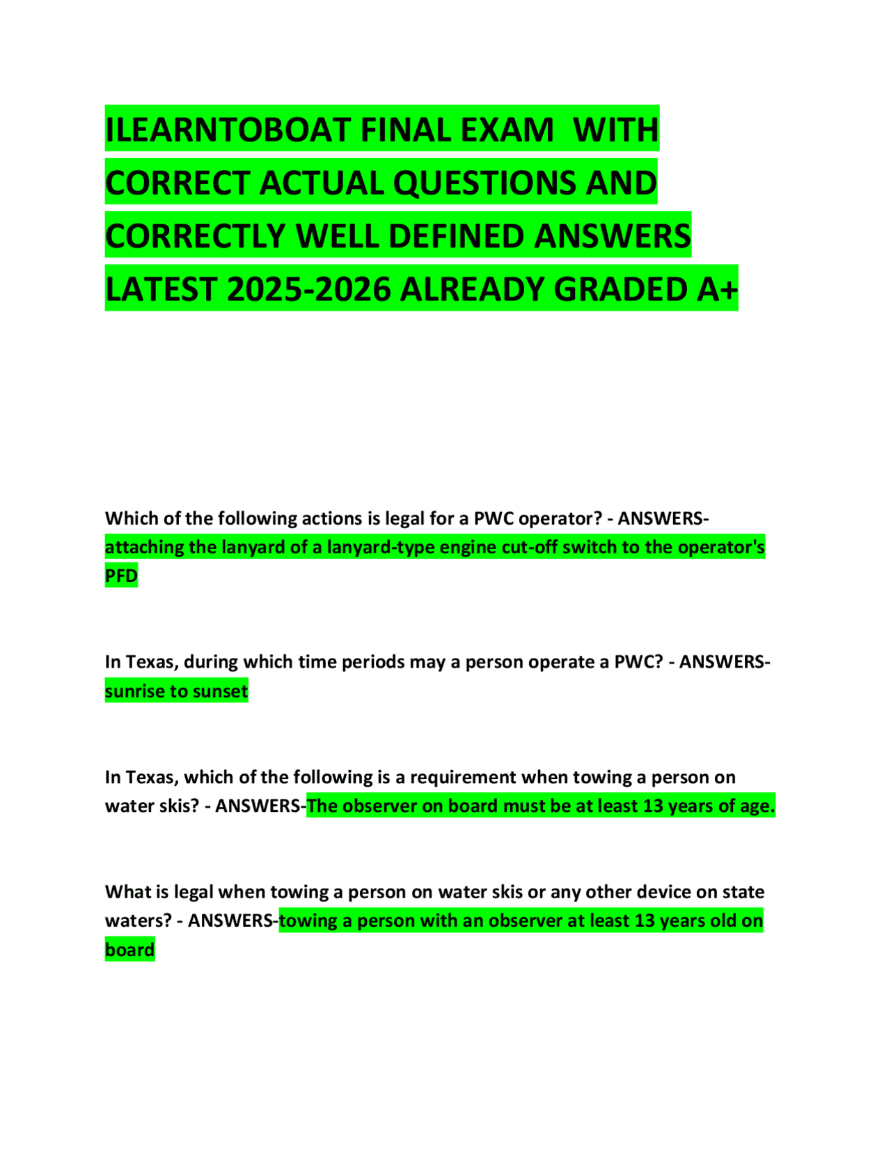 ILEARNTOBOAT FINAL EXAM WITH CORRECT ACTUAL QUESTIONS AND CORRECTLY ...