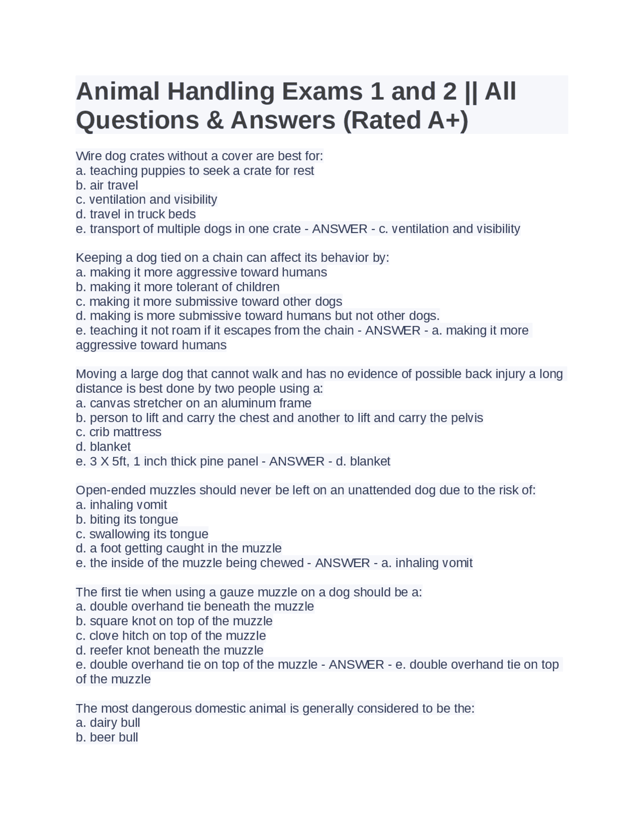 Animal Handling Exams 1 and 2 || All Questions & Answers (Rated A+ ...