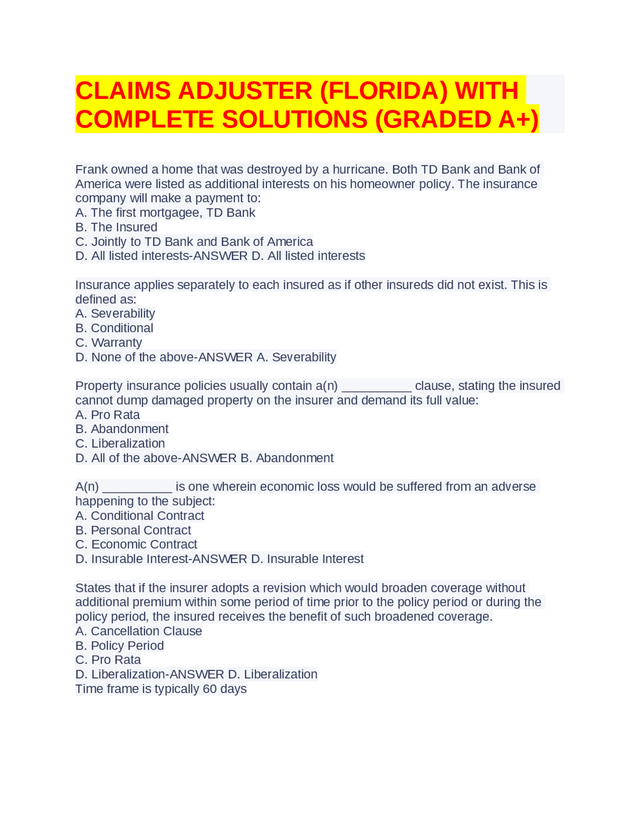 CLAIMS ADJUSTER (FLORIDA) WITH COMPLETE SOLUTIONS (GRADED A+) | Exams ...