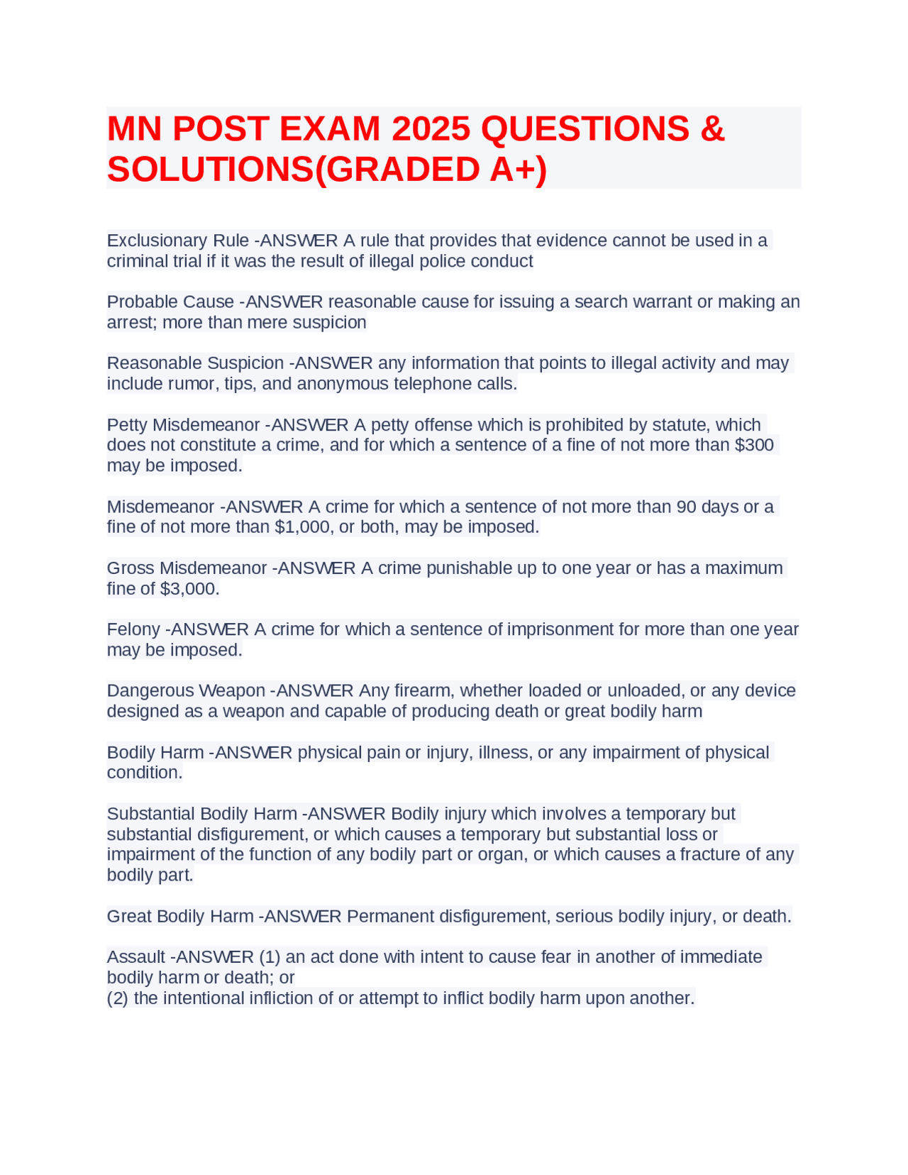 MN POST EXAM 2025 QUESTIONS & SOLUTIONS(GRADED A+) | Exams Law | Docsity