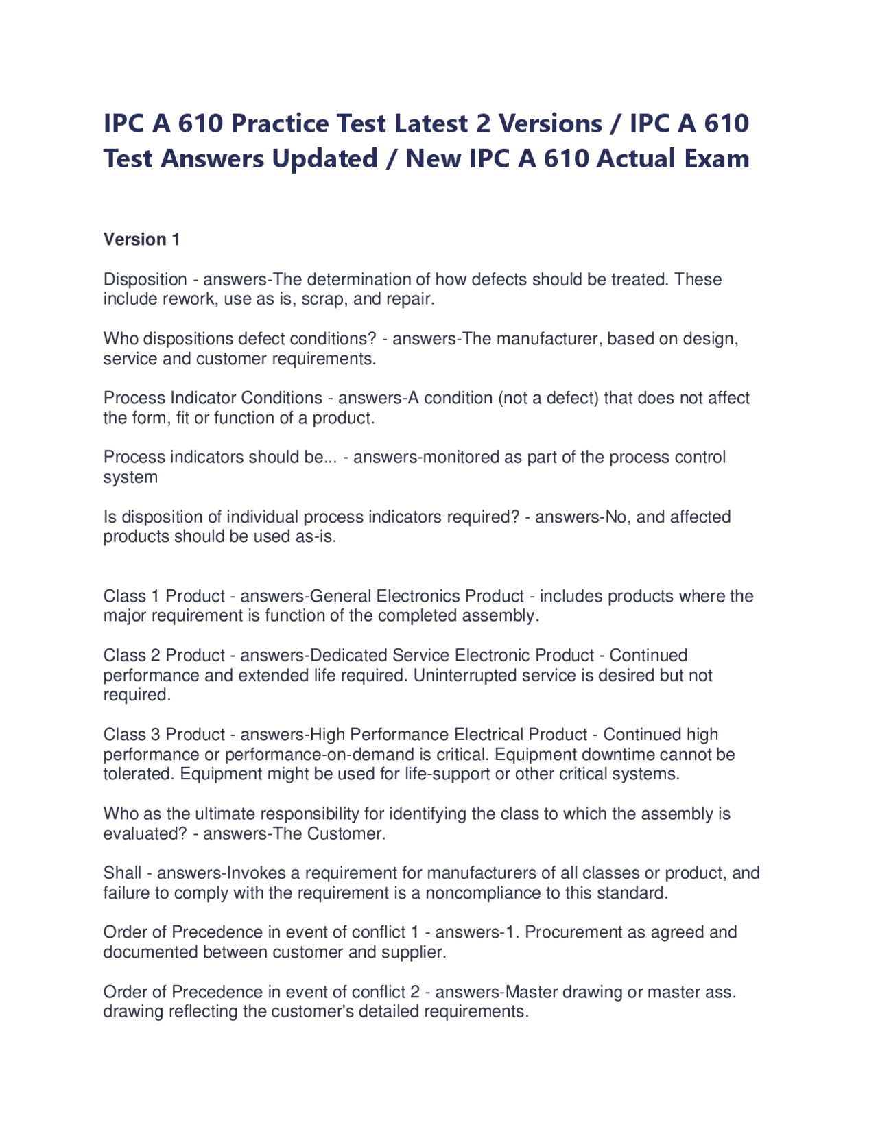 IPC A 610 Practice Test: Questions and Answers for Electronics Assembly ...