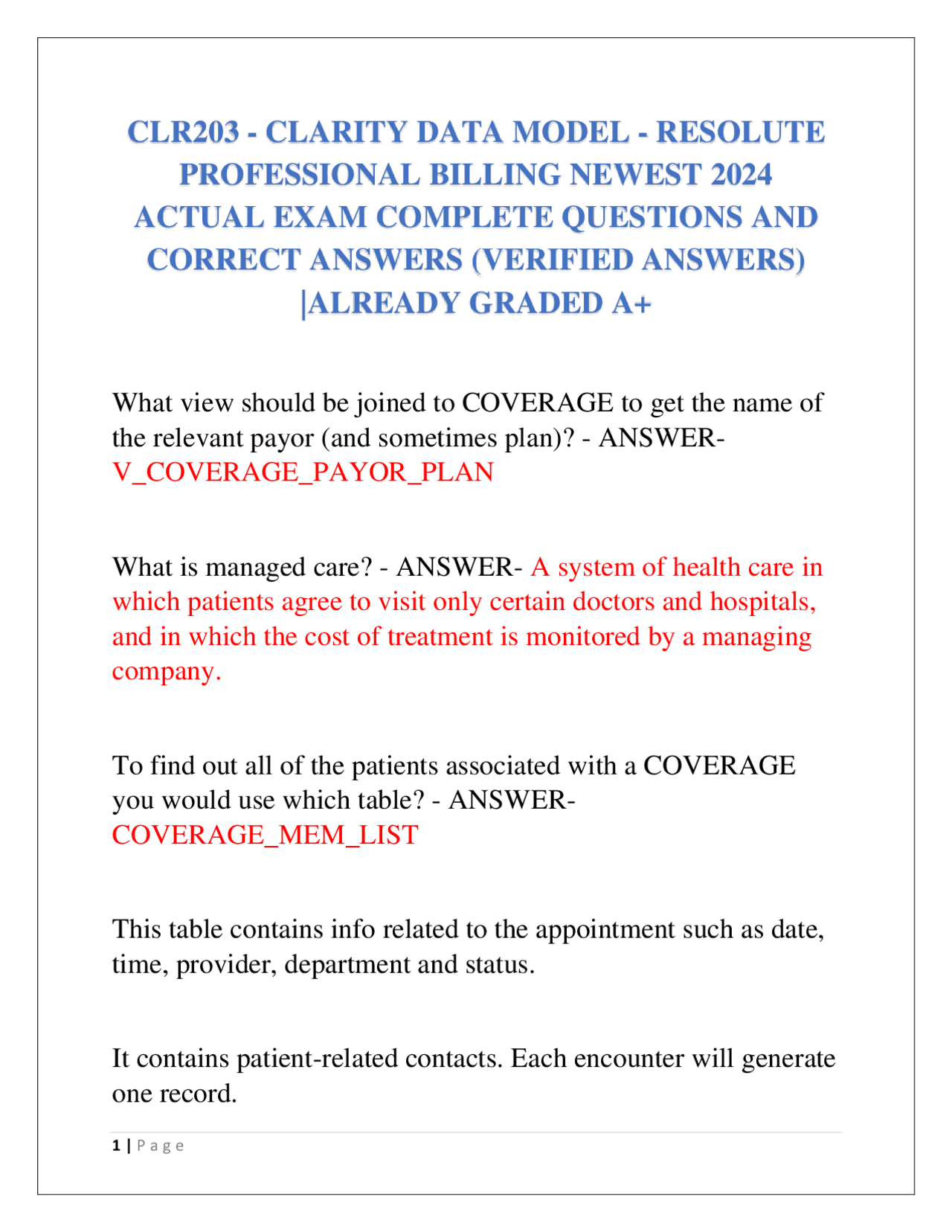 CLR203 - Clarity Data Model - Resolute Professional Billing: Exam ...