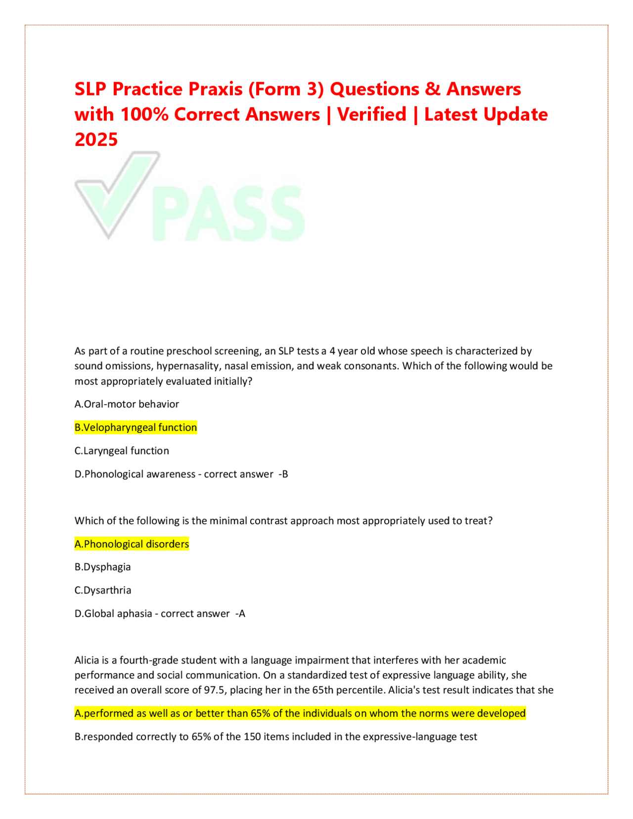 SLP Practice Praxis (Form 3) Questions & Answers with 100% Correct ...