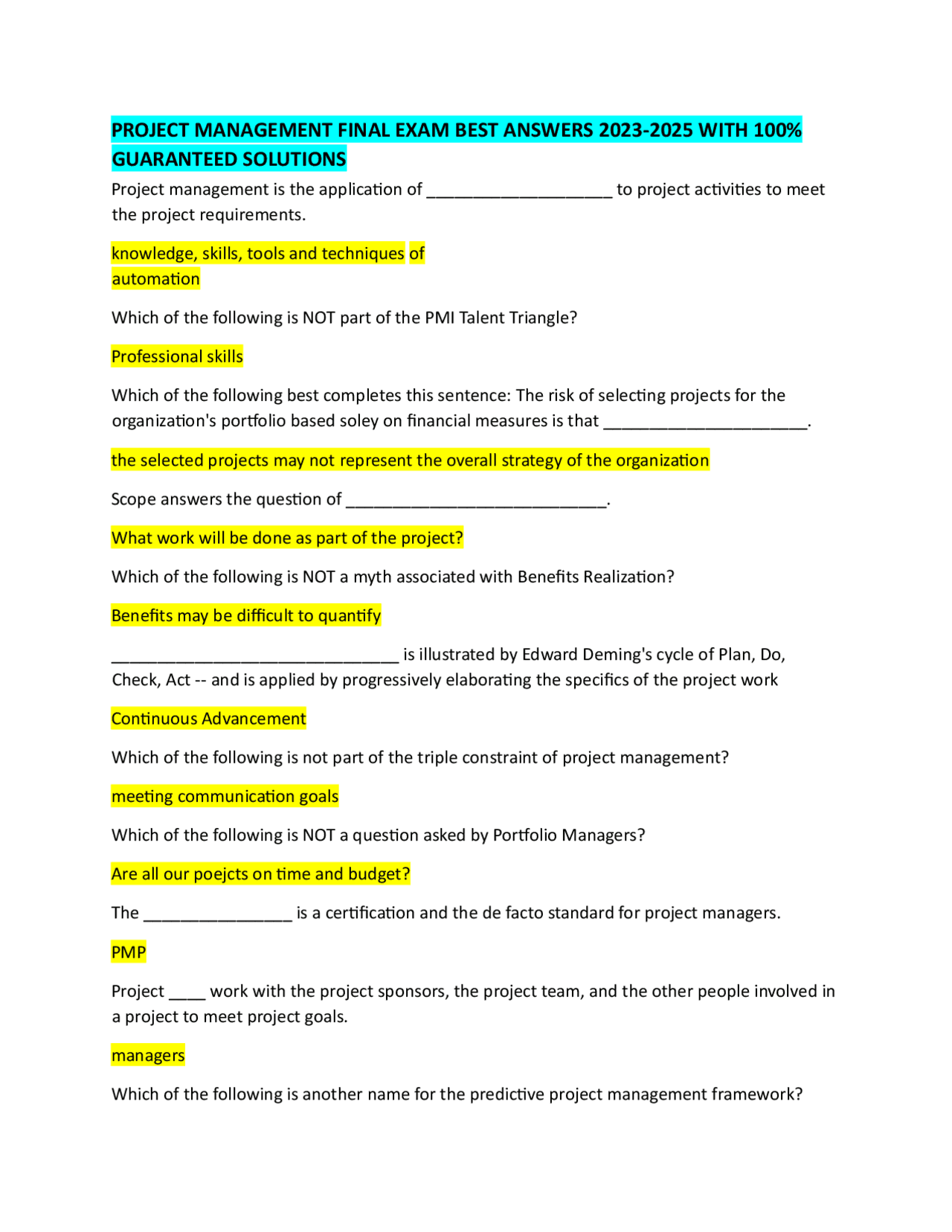 PROJECT MANAGEMENT FINAL EXAM BEST ANSWERS 2023-2025 100% GUARANTEED SOLUTIONS Proje | Exams ...