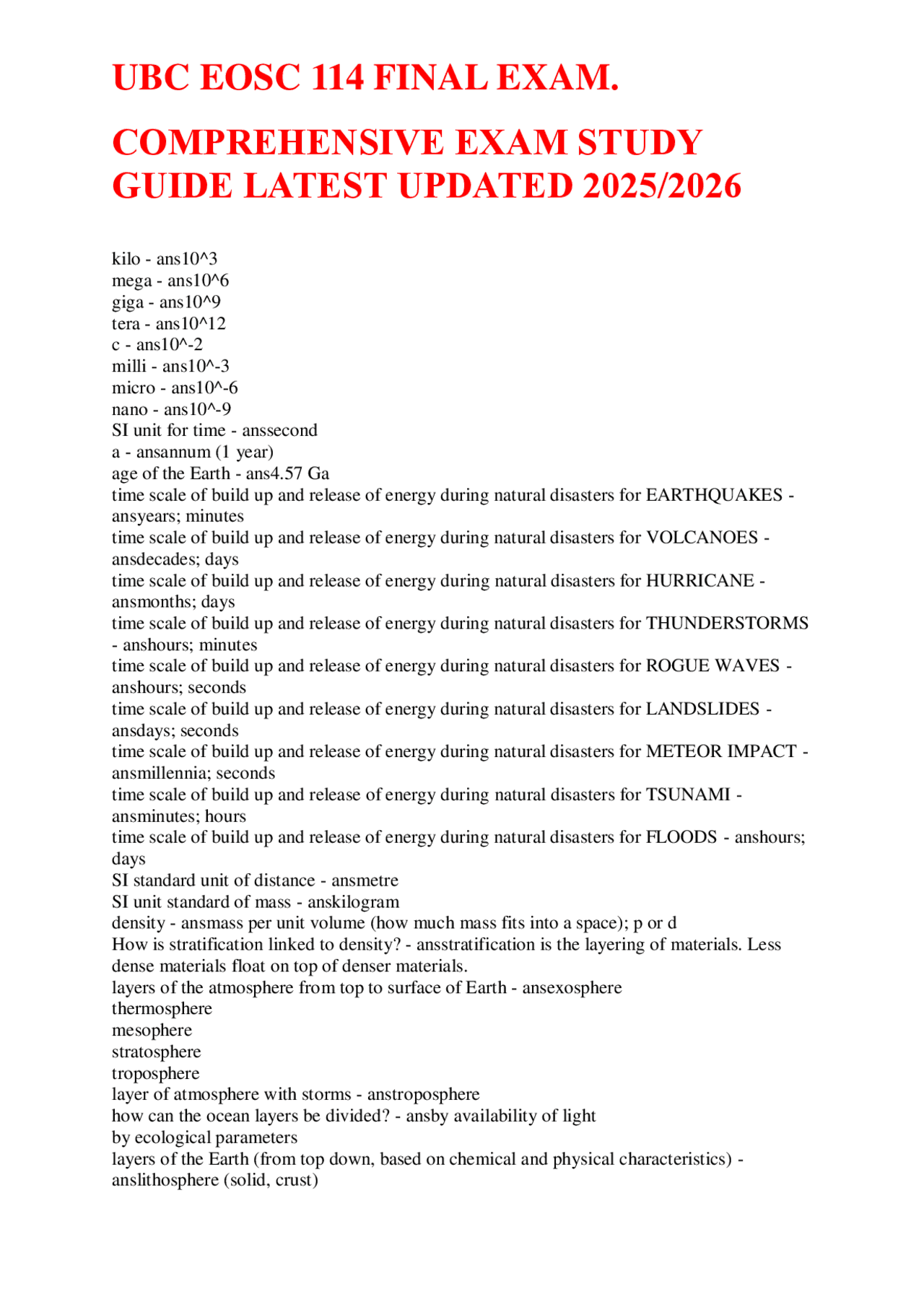 UBC EOSC 114 FINAL EXAM. COMPREHENSIVE EXAM STUDY GUIDE LATEST UPDATED ...