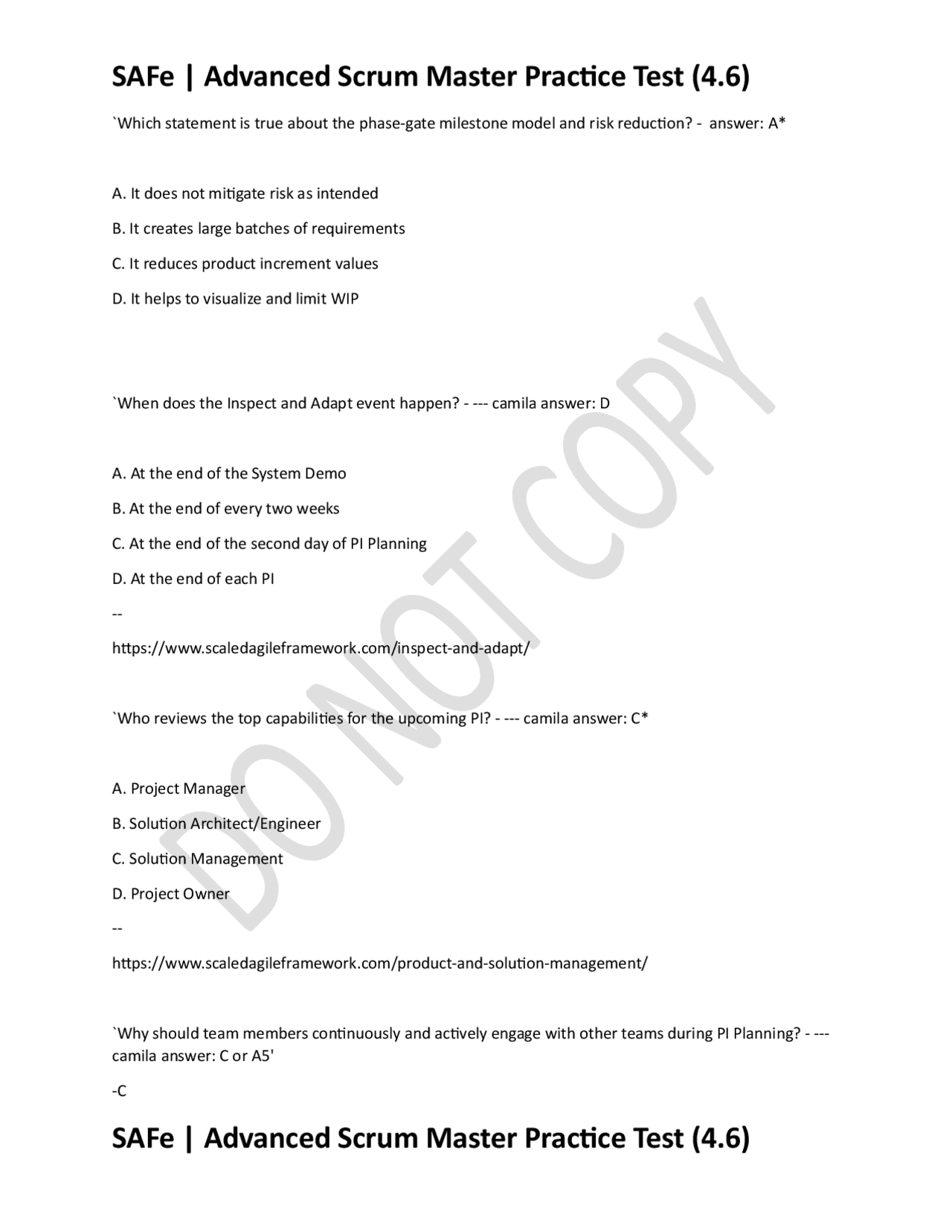 SAFe Advanced Scrum Master Practice Test (4.6) | Exams Nursing | Docsity