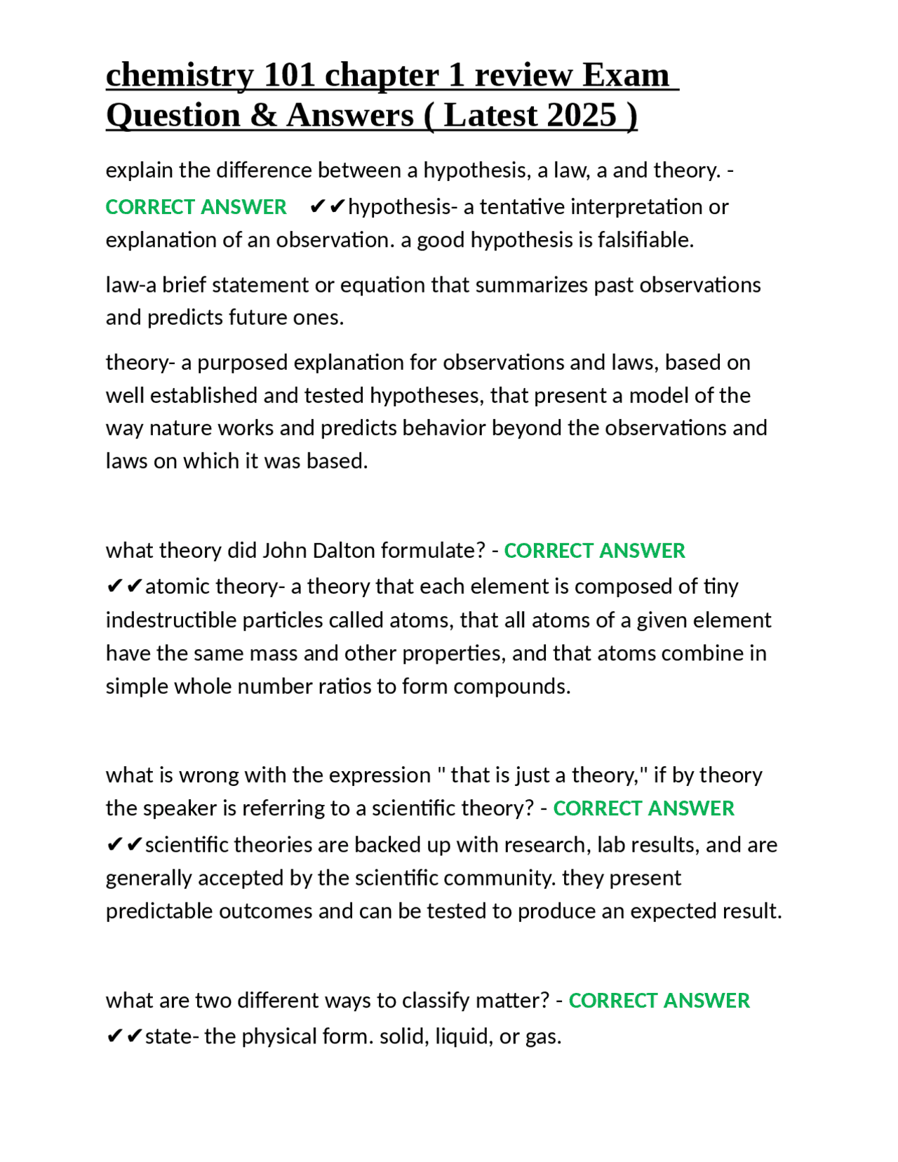 chemistry 101 chapter 1 review Exam Question & Answers ( Latest 2025 ...