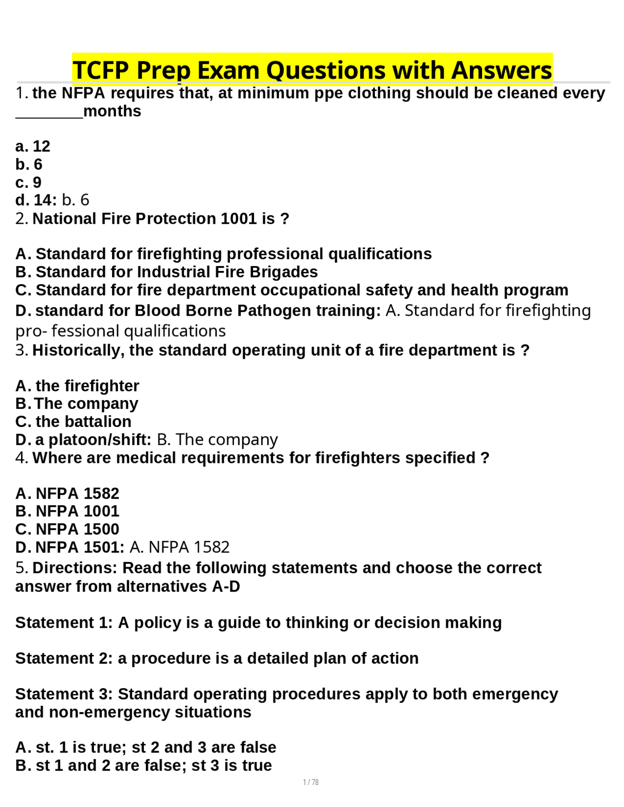 TCFP Prep Exam Questions with Answers | Exams Safety and Fire ...